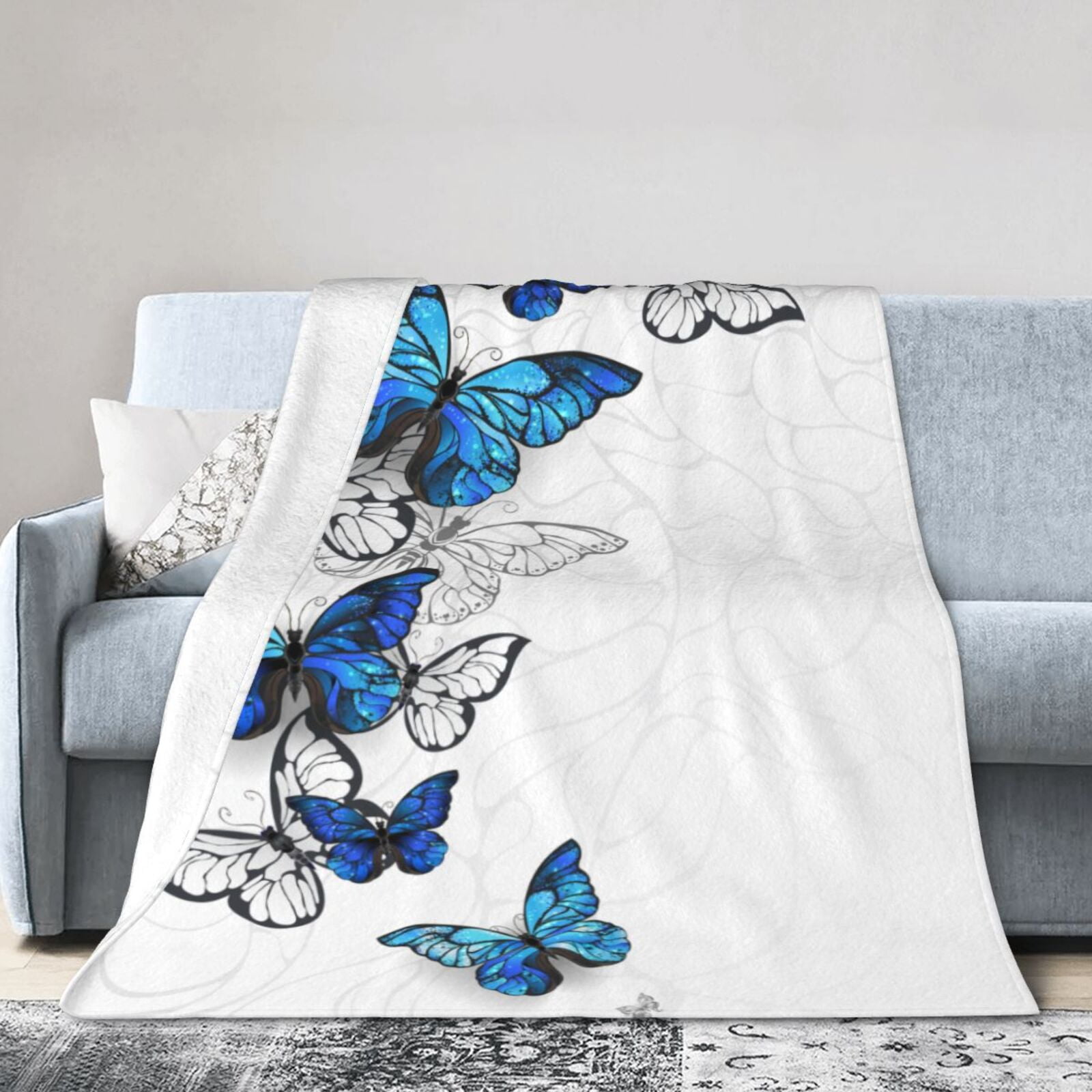 Kll Fleece Blanket Plush Throw Blanket Blue Flying Butterflies,Soft ...