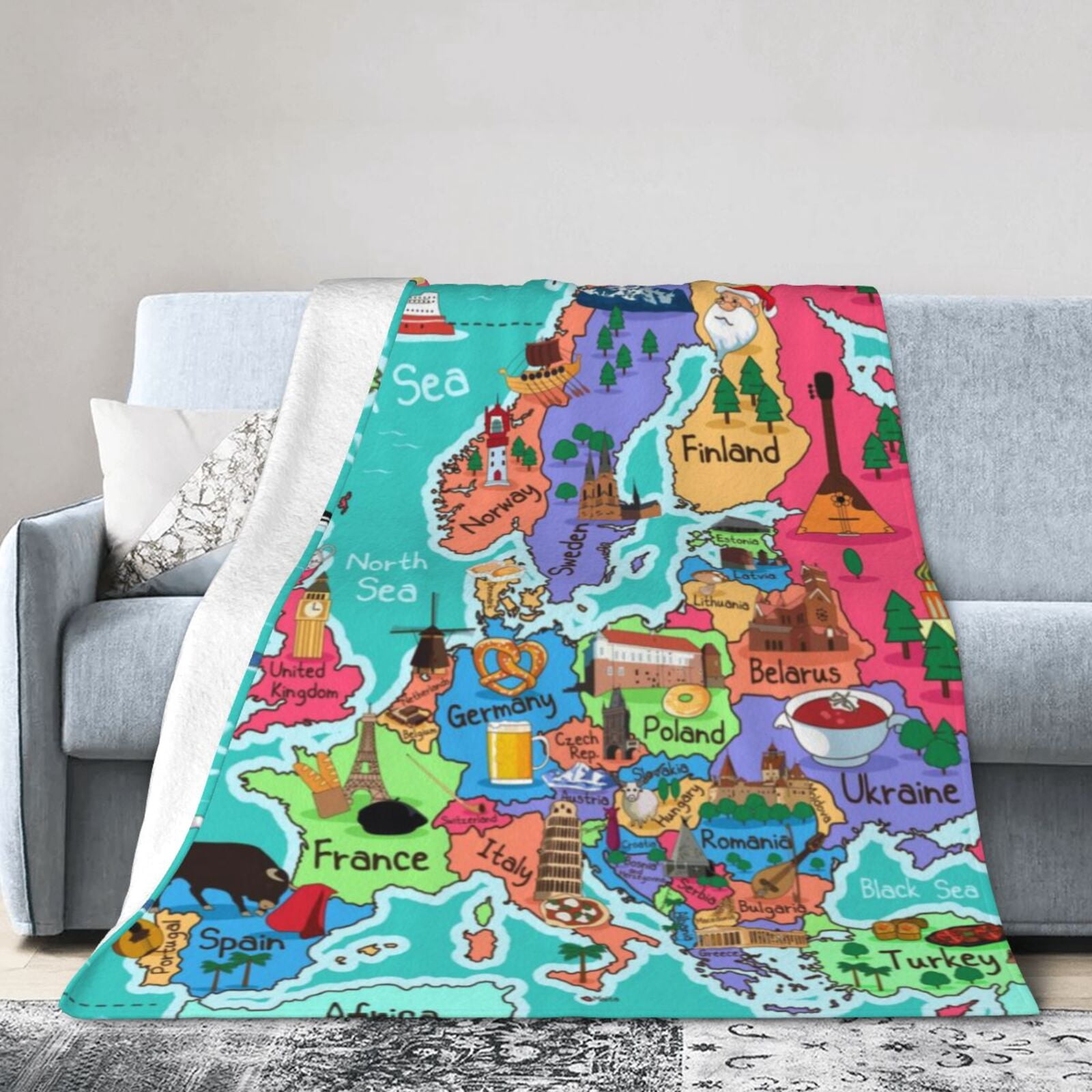 Kll Fleece Blanket Plush Throw Blanket Cartoon Map Of Europe,Soft Fuzzy ...