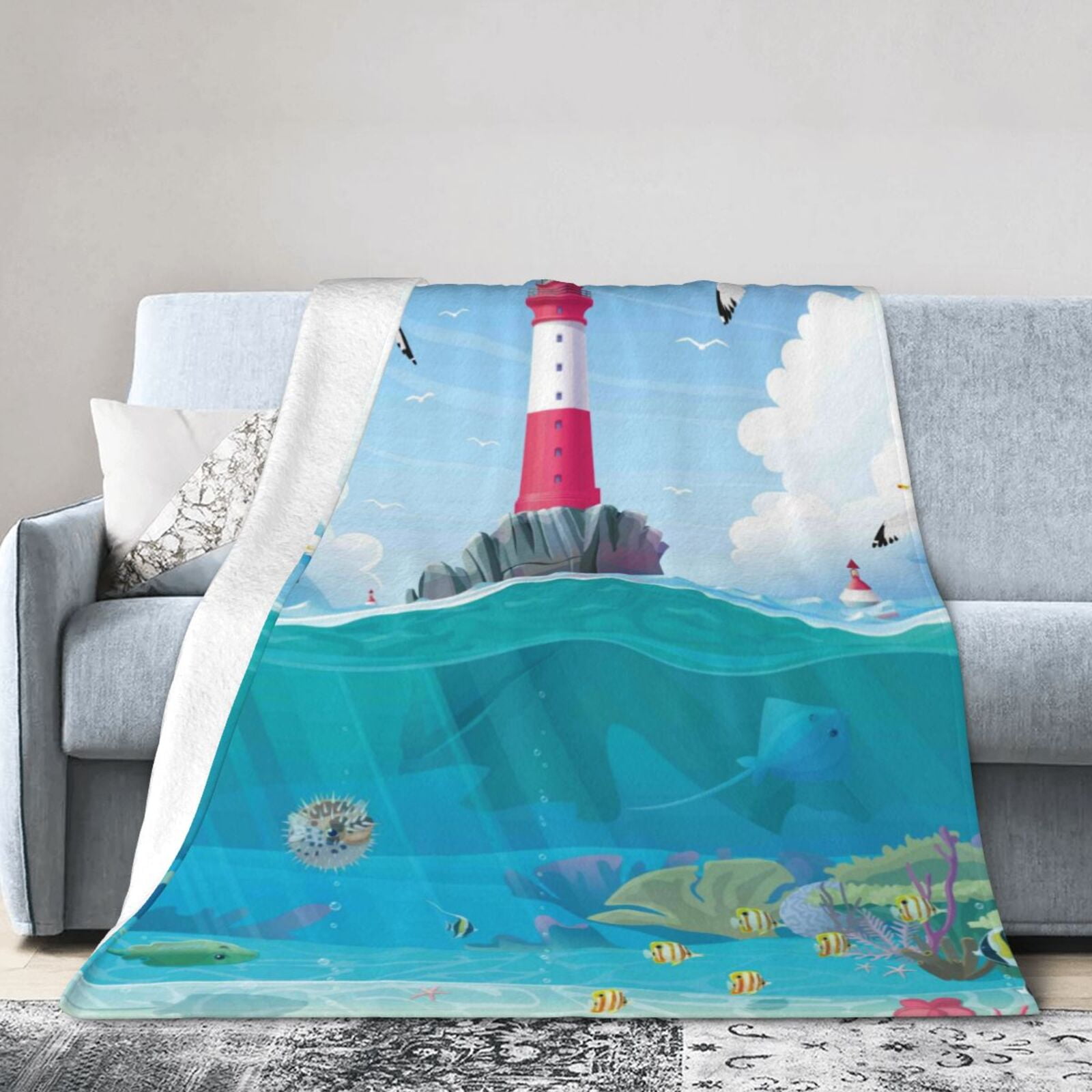 Kll Fleece Blanket Plush Throw Blanket Lighthouse Sea Port,Soft Fuzzy ...