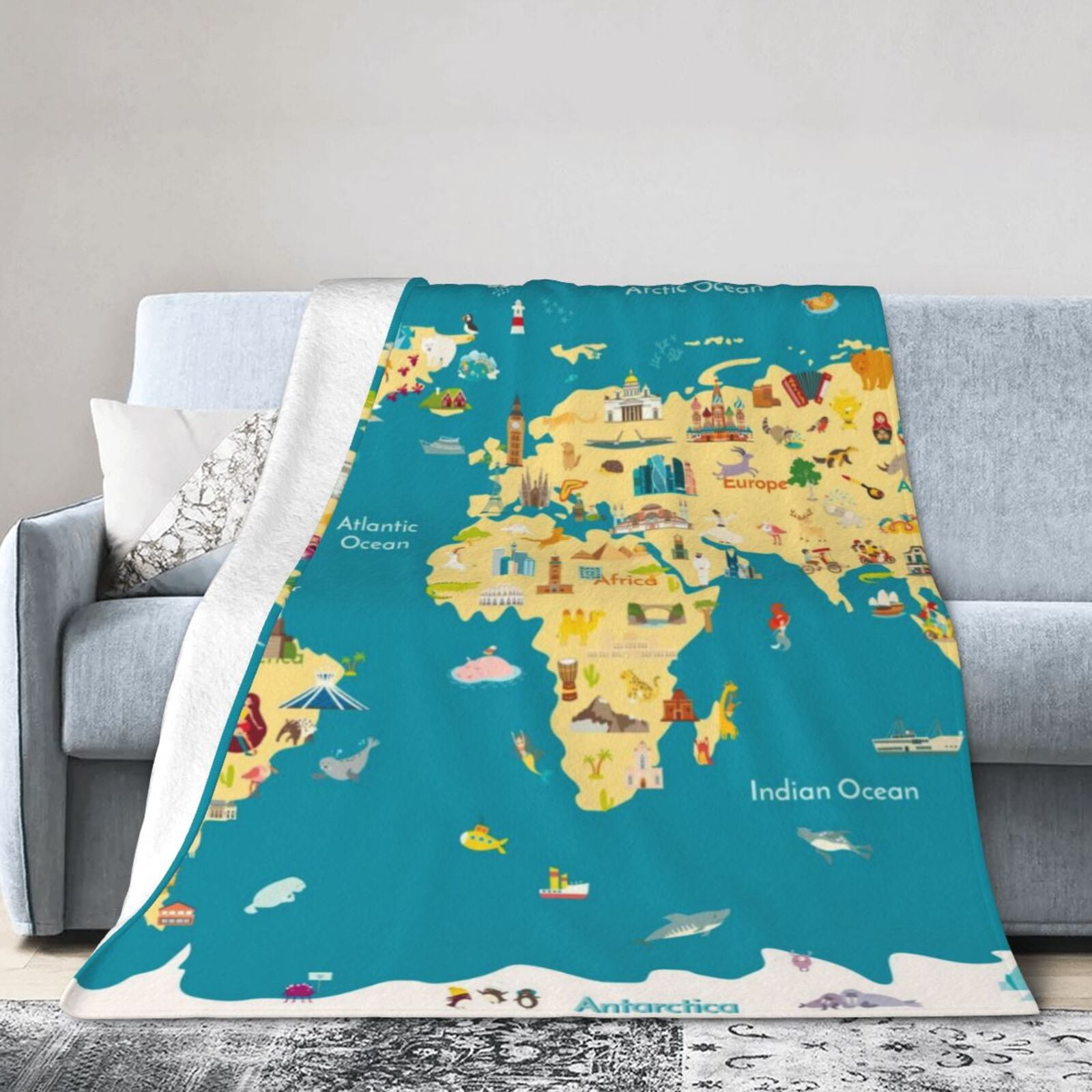 Kll Fleece Blanket Plush Throw Blanket World Map With Landmarks,Soft ...
