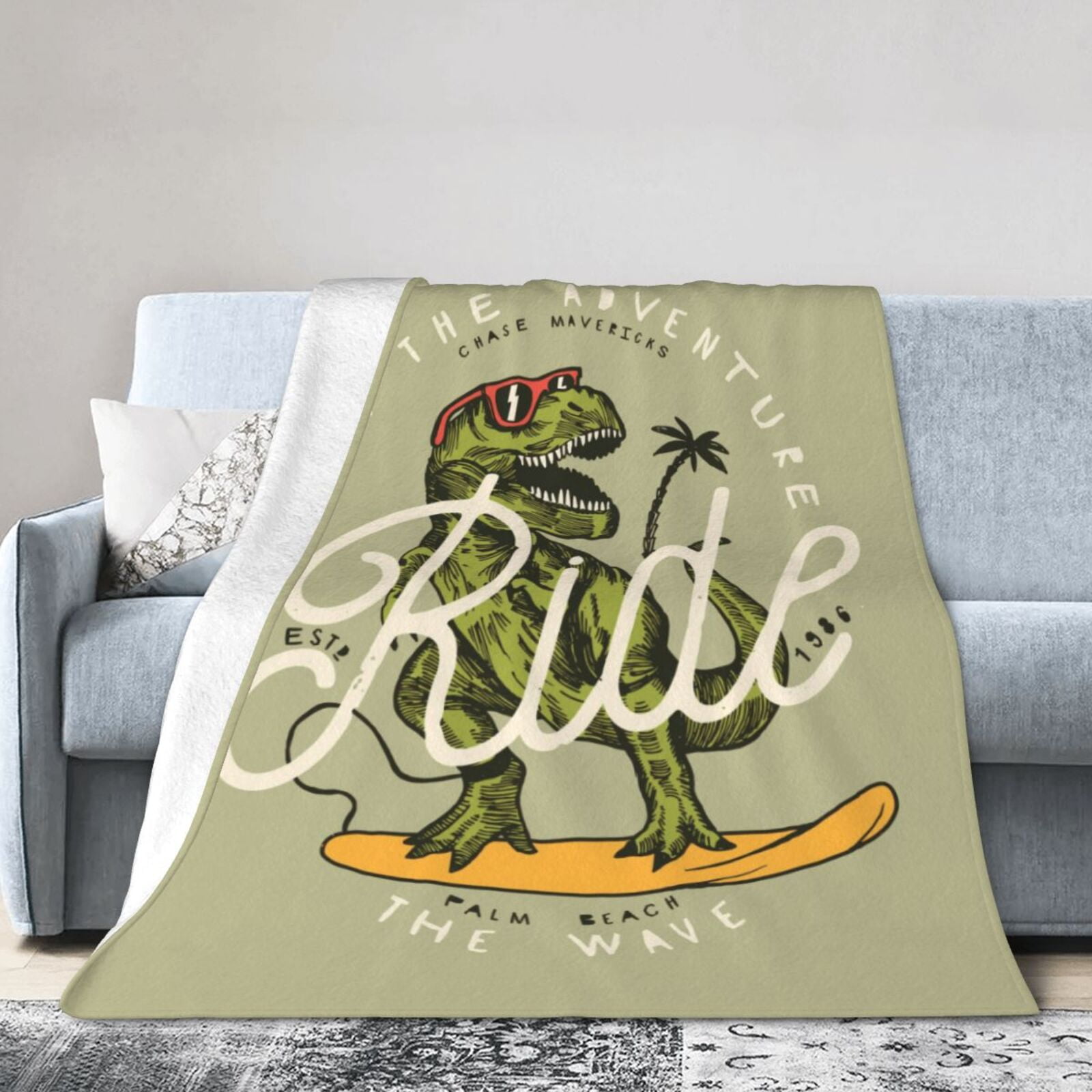 Kll Fleece Blanket Plush Throw Blanket Ride The Wave Dinosaur Surfer In ...