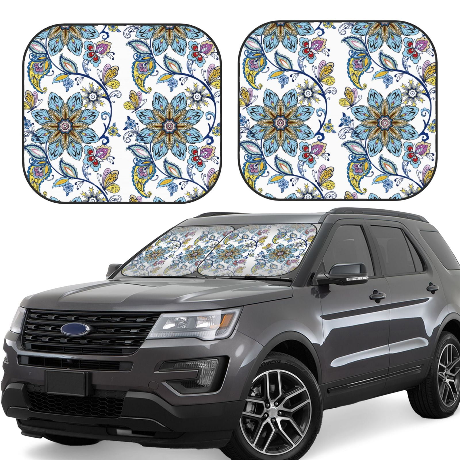 Kll Flowers And Butterflies Windshield Sun Shade 2-Piece Foldable Car ...