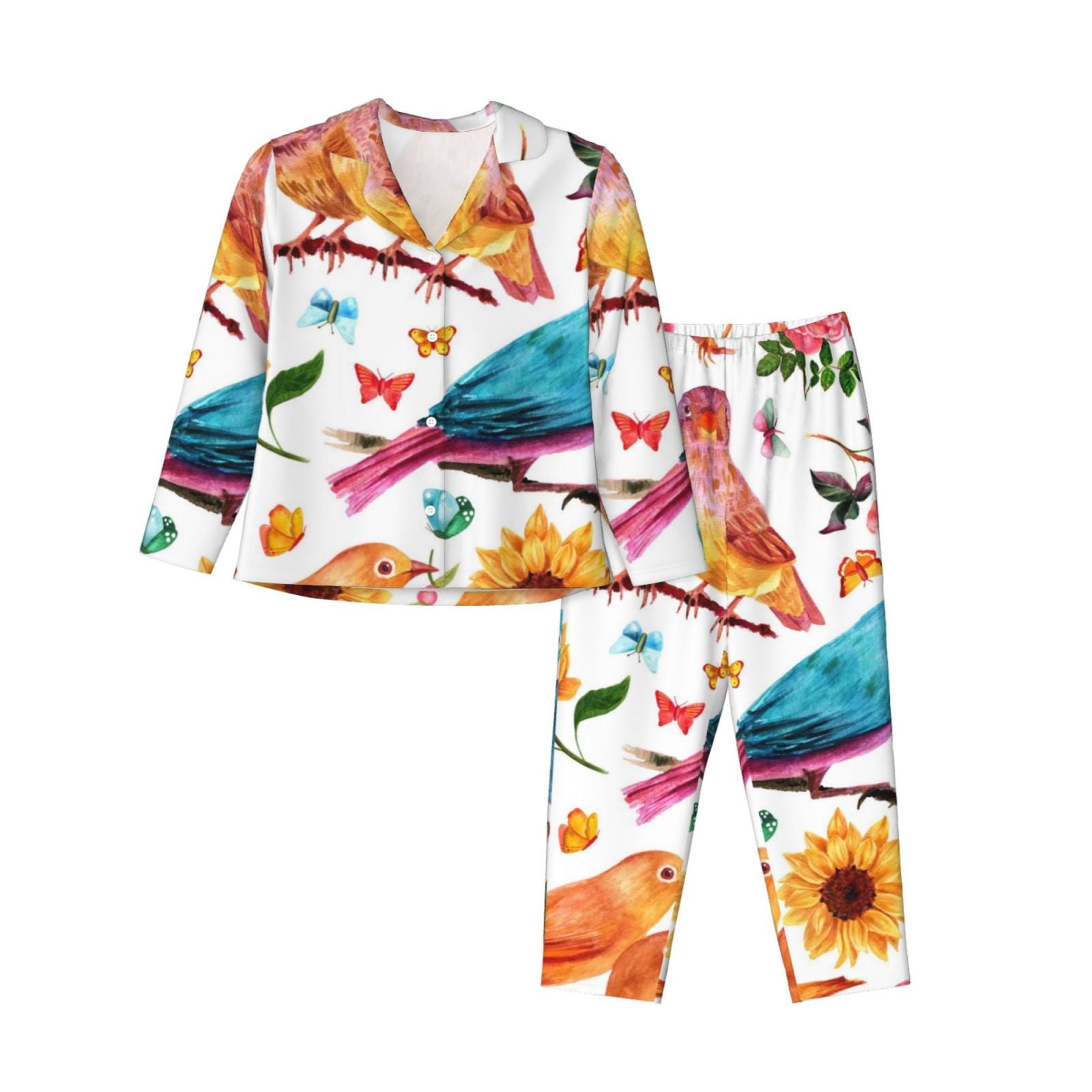 Kll Flowers Birds And Butterflies Print Women'S Long Sleeve Pajamas ...