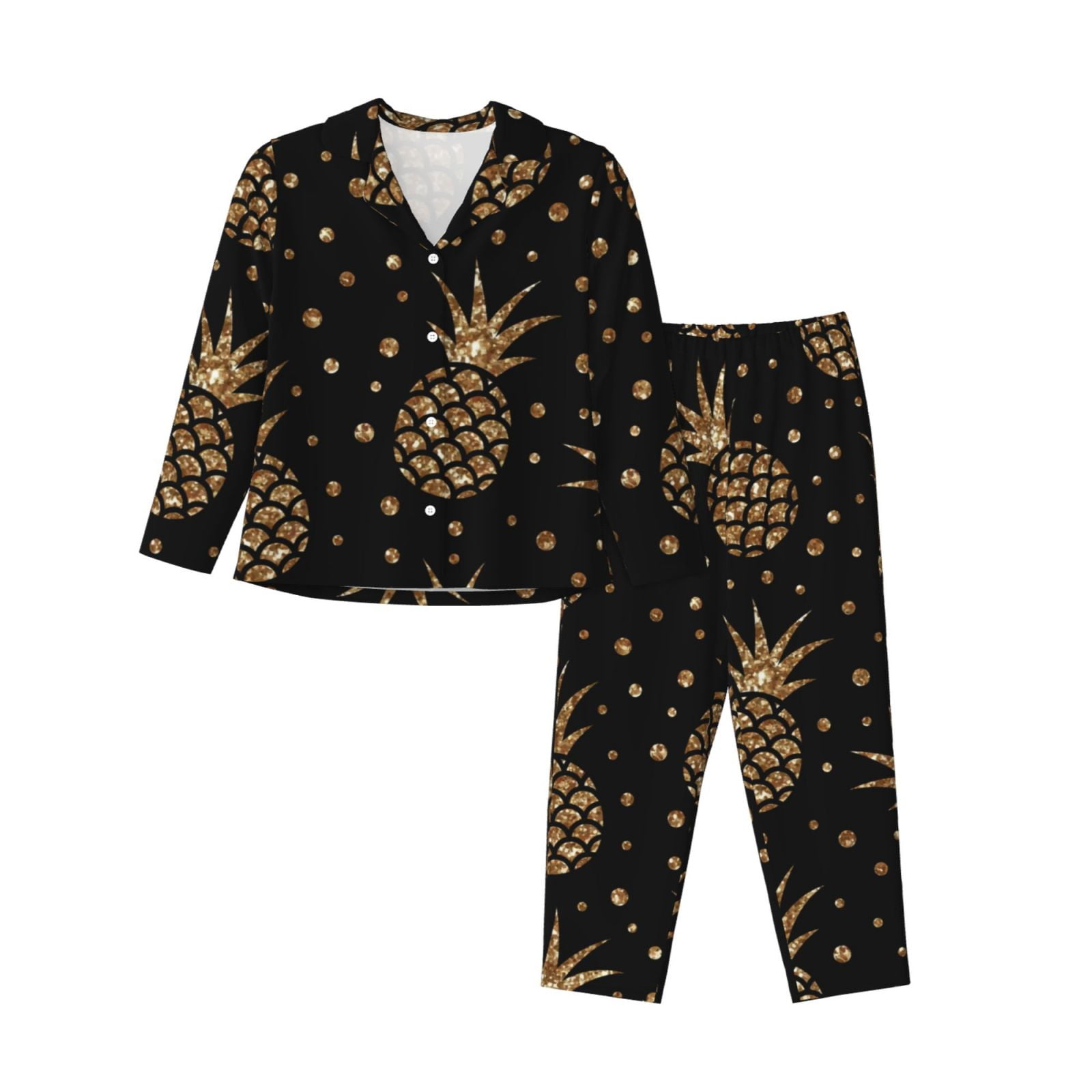 Kll Gold Glitter Pineapples Print Women'S Long Sleeve Pajamas With ...