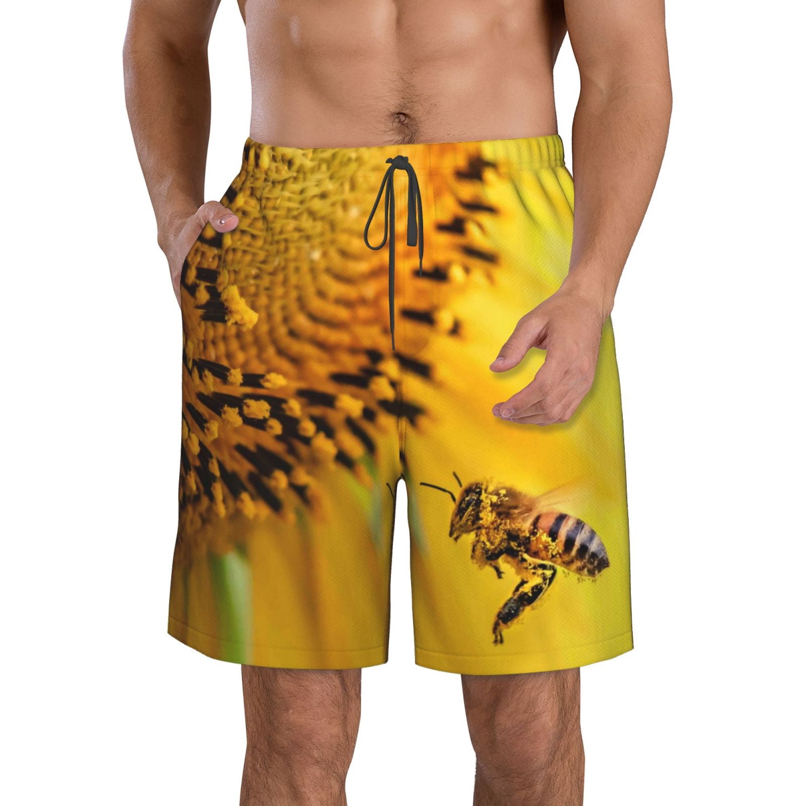 Kll Honey Bee Pollinating Sunflower Men'S Casual Summer Beach Shorts ...