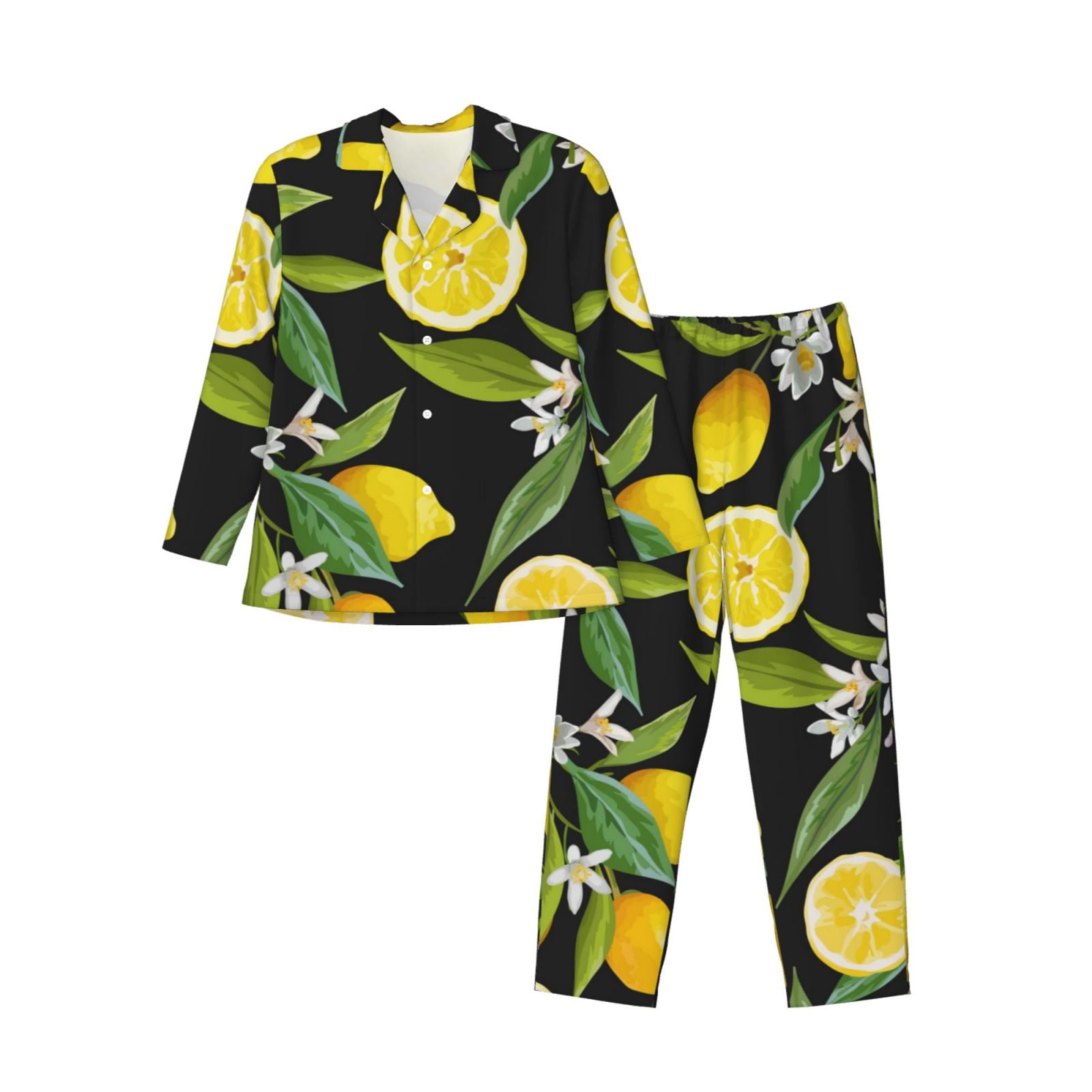 Kll Lemon Fruits Flowers Leaves Sleepwear Mens Flannel Pajamas,Long ...