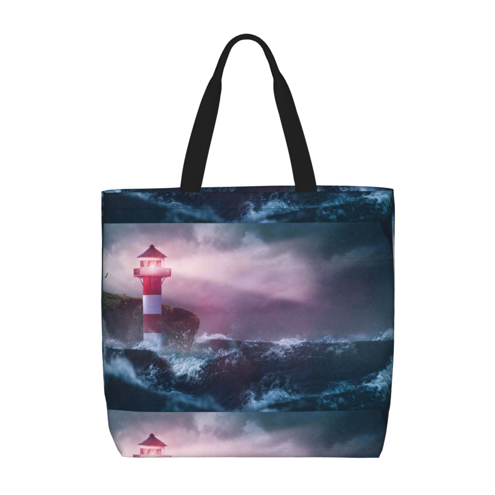 Kll Lighthouse Waves Torrential Rain Pattern Aesthetic Tote Bag For ...