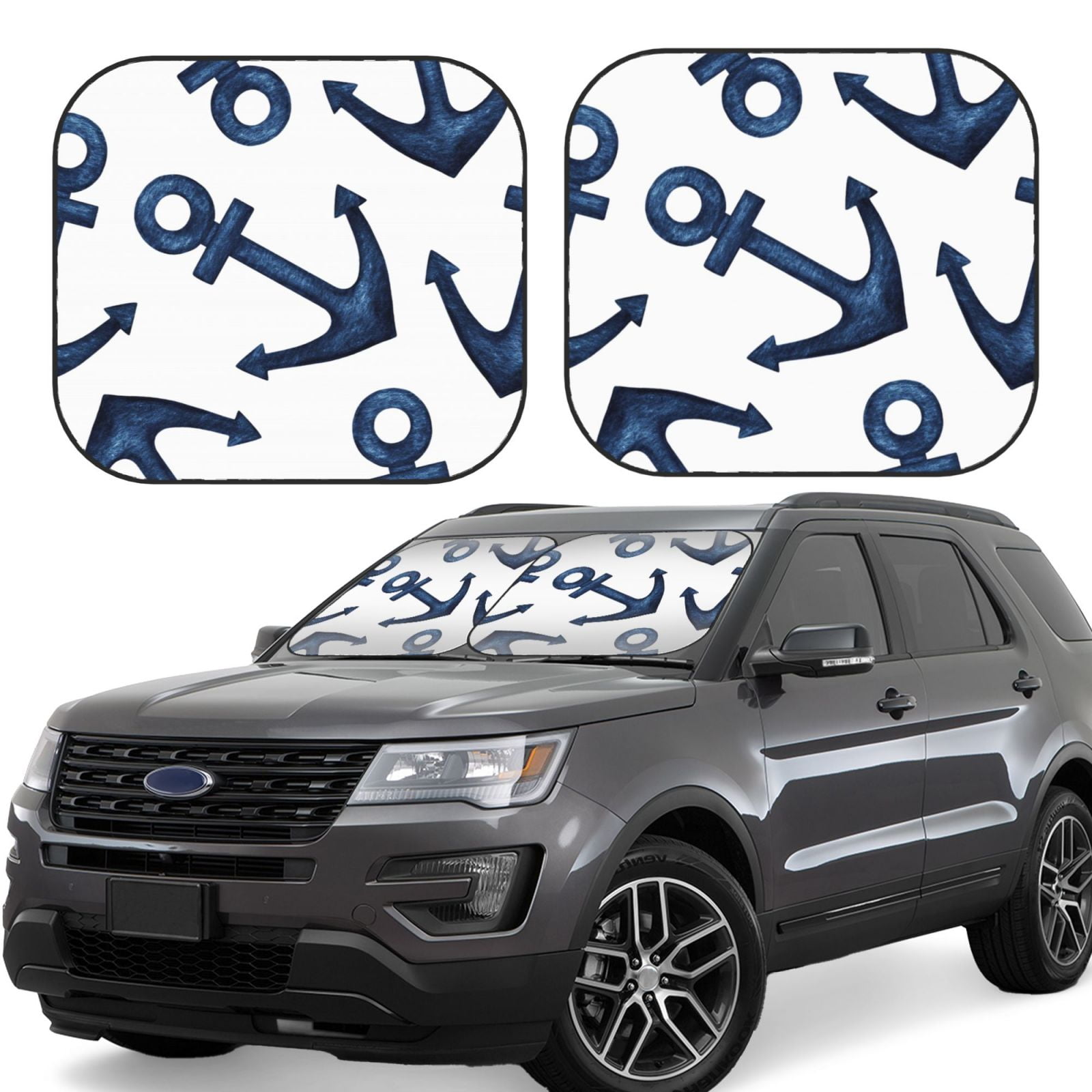 Kll Navy Blue Anchor Windshield Sun Shade 2-Piece Foldable Car Front ...