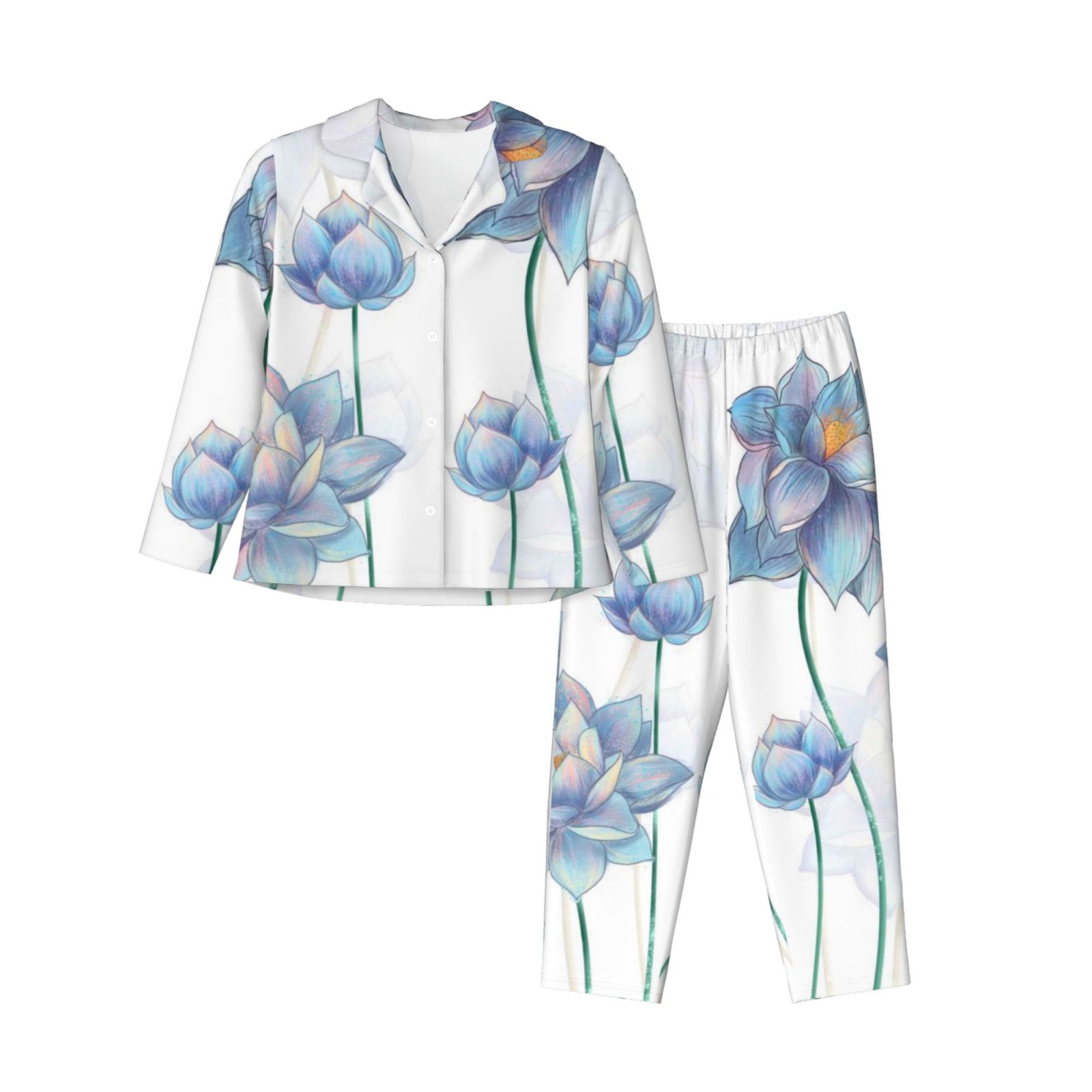 Kll Pale Blue Lotus Flowers Print Women'S Long Sleeve Pajamas With ...