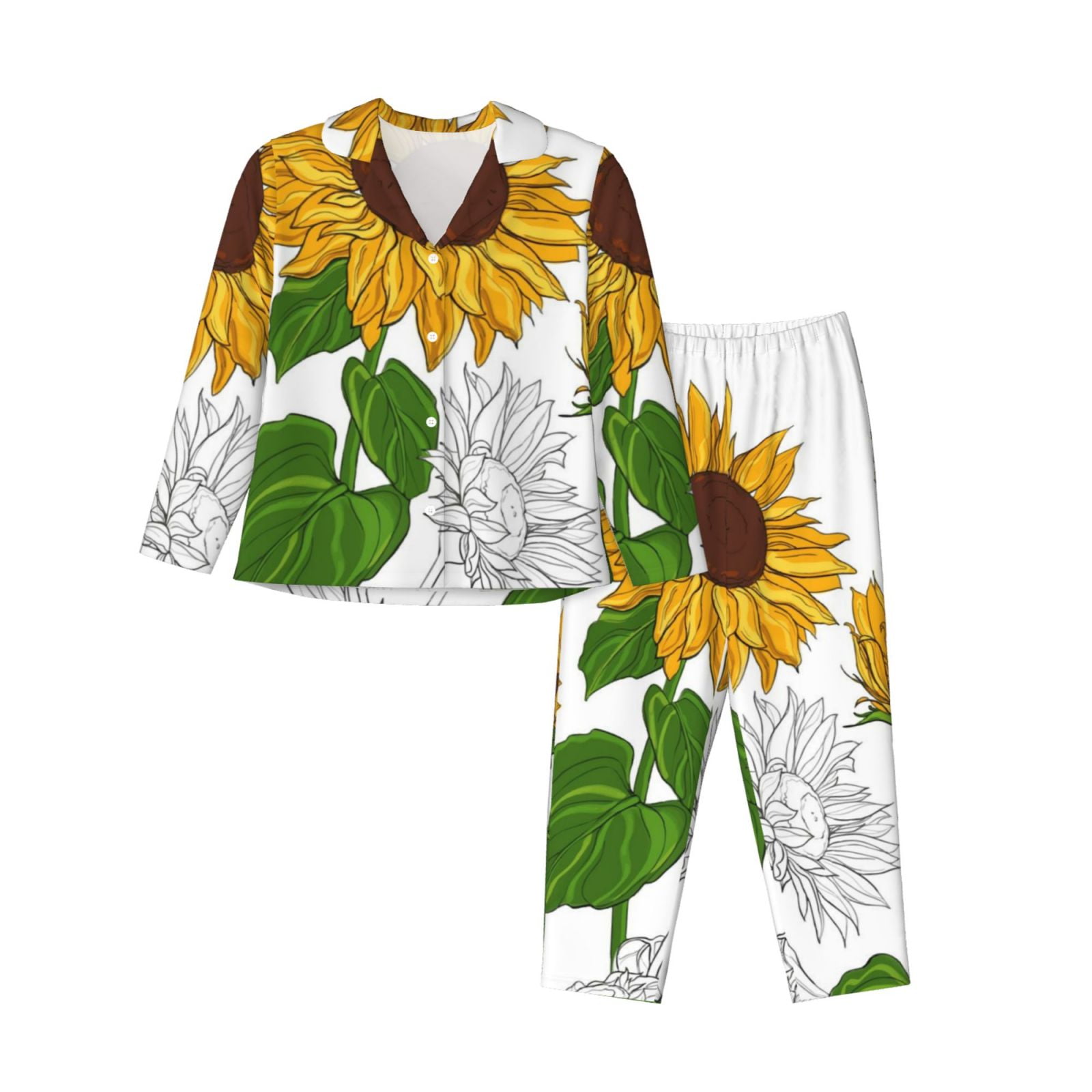 Kll Plump Sunflower And Sketch Print Women'S Long Sleeve Pajamas With ...