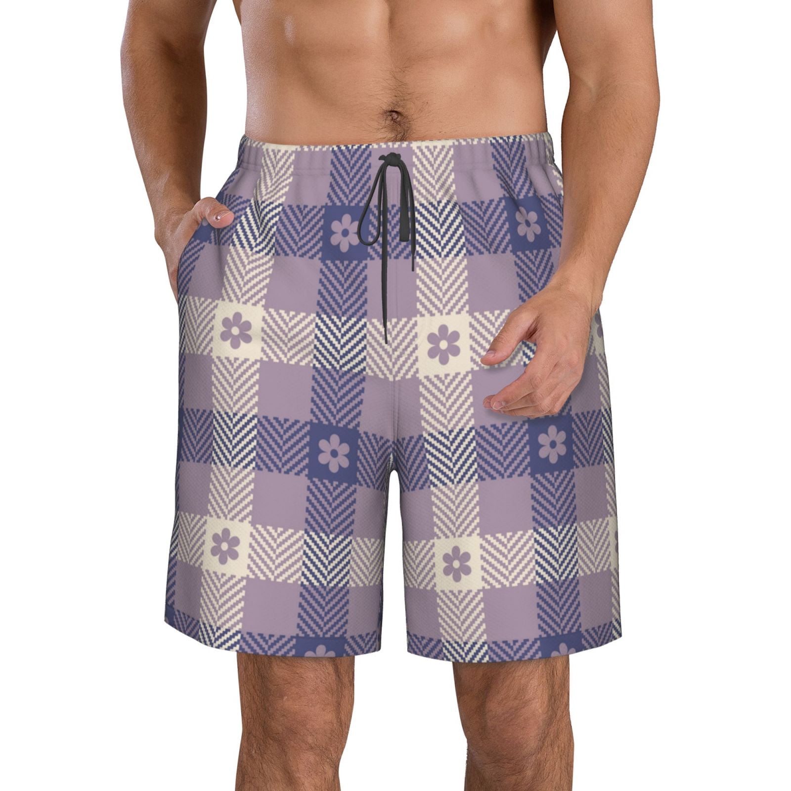 Kll Purple Floral Gingham Check Plaid Men'S Casual Summer Beach Shorts ...