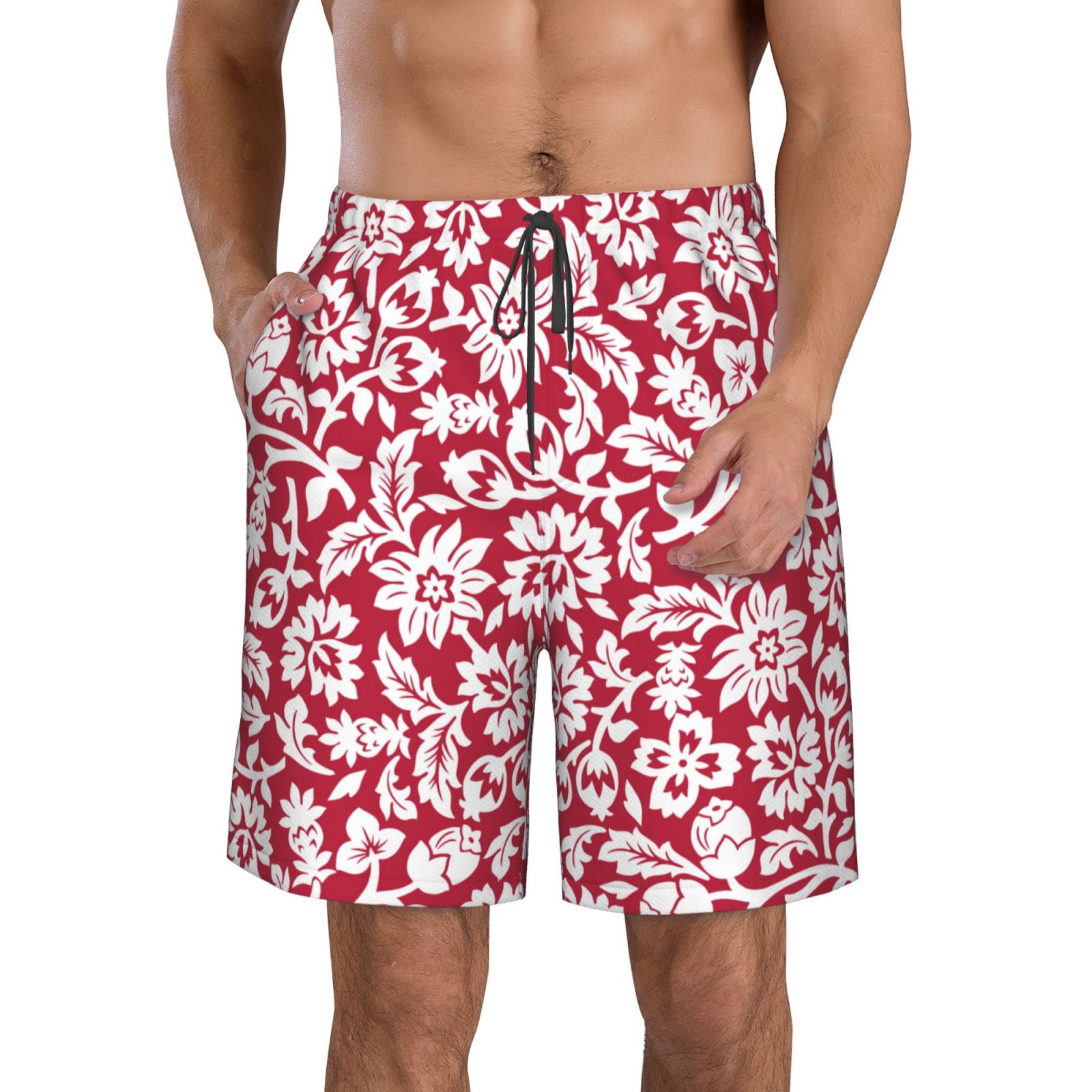 Kll Red Flowers Men'S Casual Summer Beach Shorts Hawaiian Shorts With ...