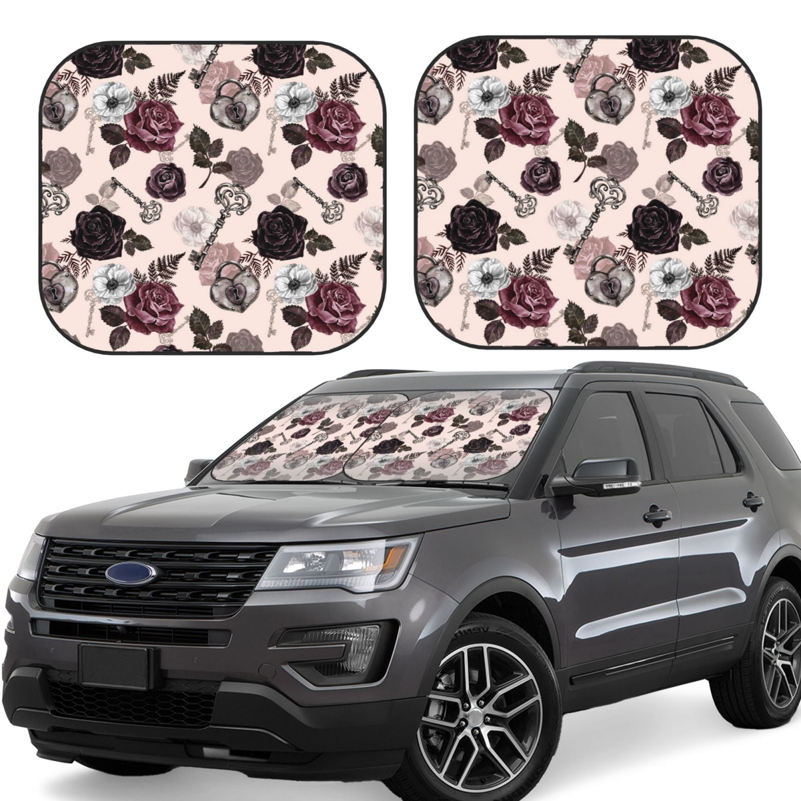Kll Retro Red Black Roses Windshield Sun Shade 2-Piece Foldable Car ...