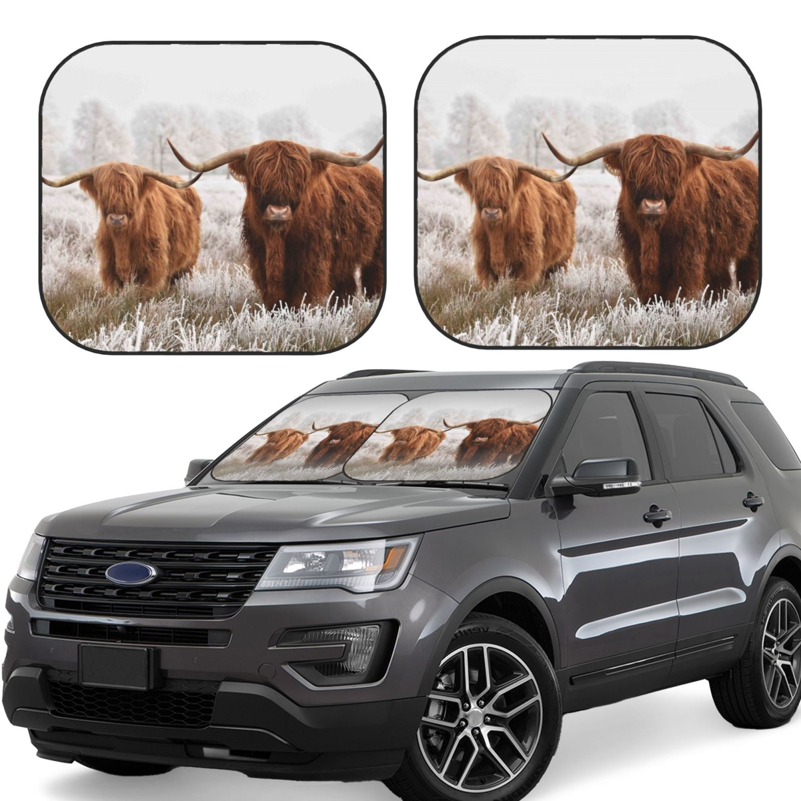 Kll Scottish Cow Windshield Sun Shade 2-Piece Foldable Car Front Window ...