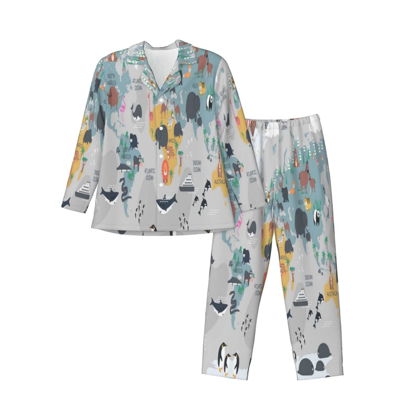 Kll The World Map With Cartoon Animals Sleepwear Mens Flannel Pajamas ...