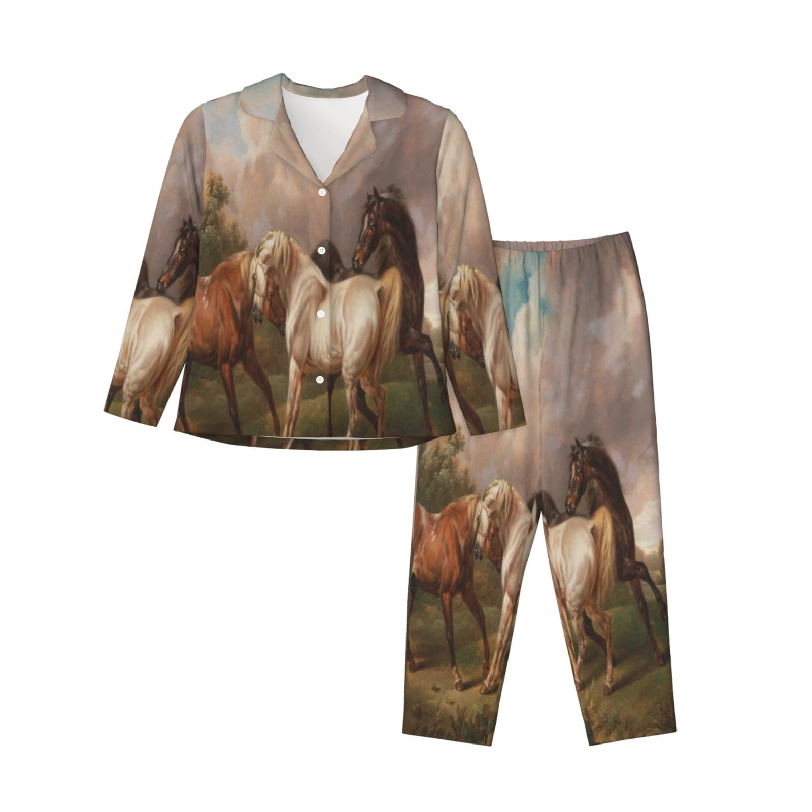 Kll Three Horses Oil Painting Print Women'S Long Sleeve Pajamas With ...