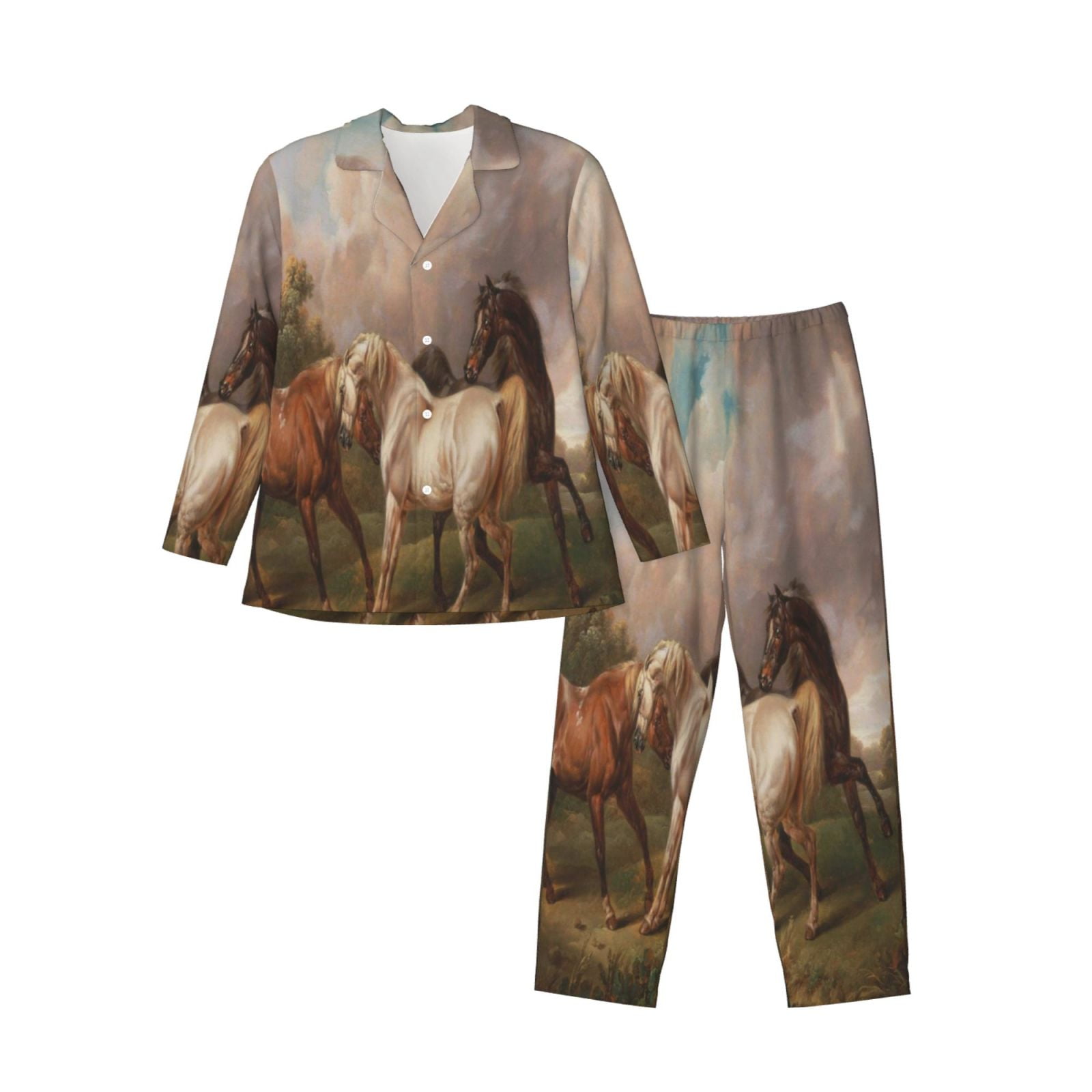 Kll Three Horses Oil Painting Sleepwear Mens Flannel Pajamas,Long ...