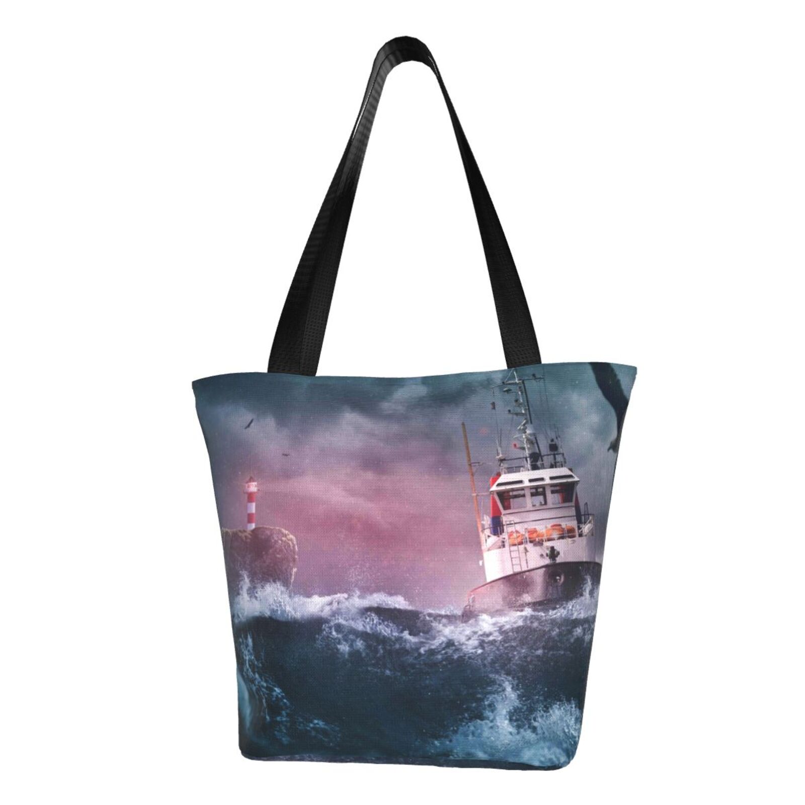Kll Tote Bag For Women Boat Lighthouse Storm Waves Print Shopping ...