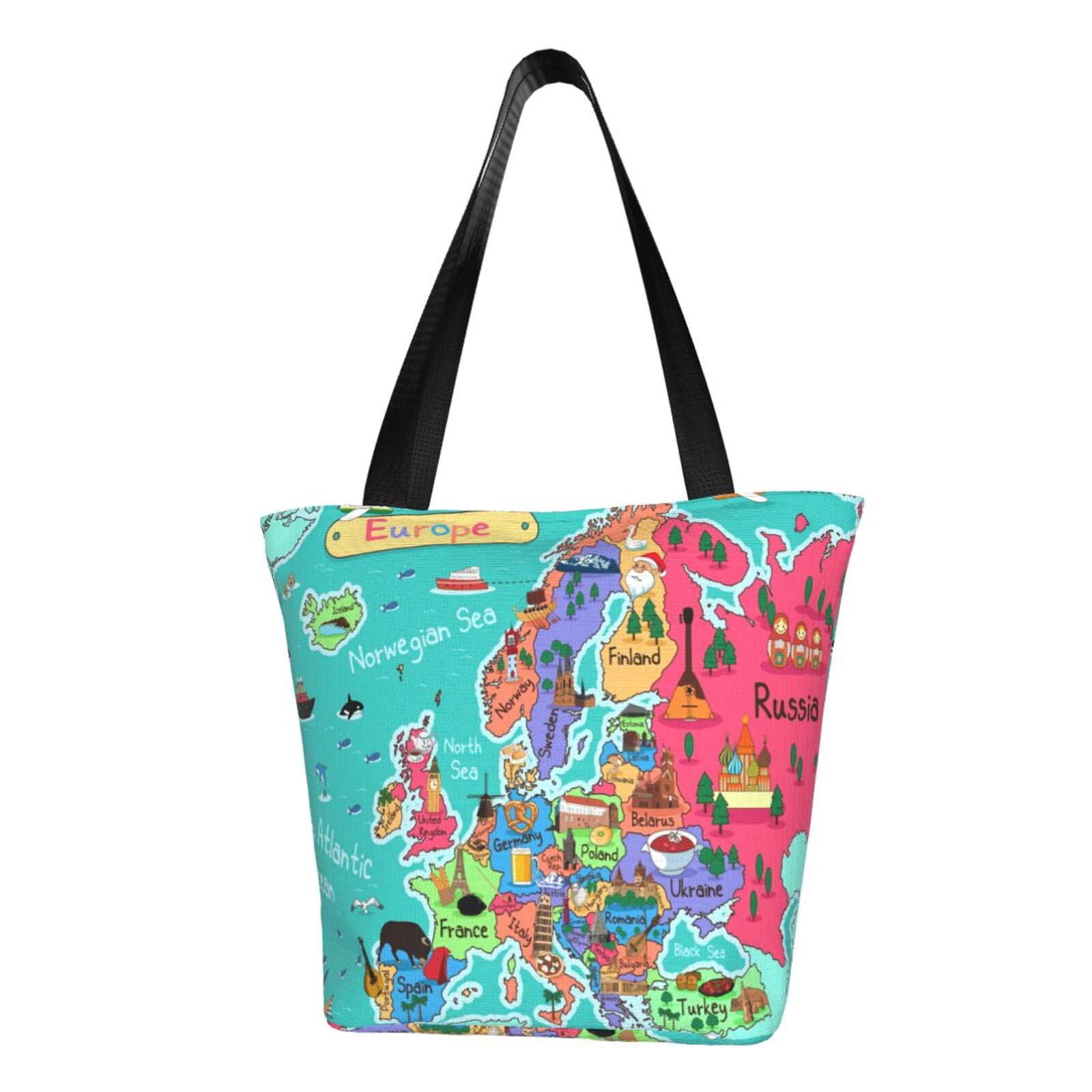 Kll Tote Bag For Women Cartoon Map Of Europe Print Shopping Grocery ...