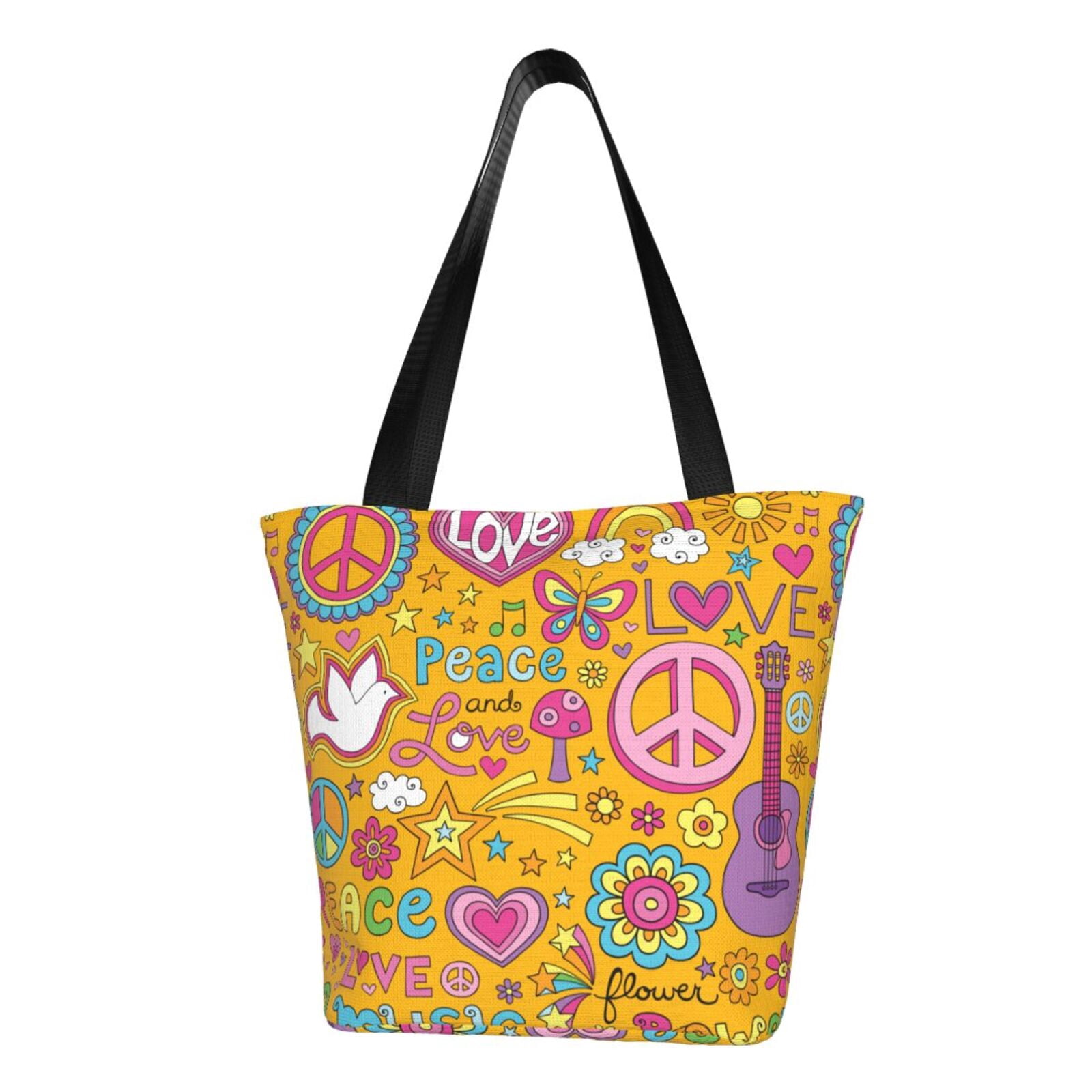 Kll Tote Bag For Women Peace Love And Dove Flower Power Print Shopping ...