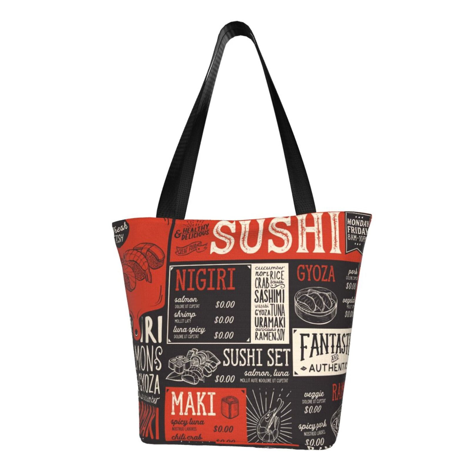 Kll Tote Bag For Women Sushi Menu Print Shopping Grocery Reusable Bags ...