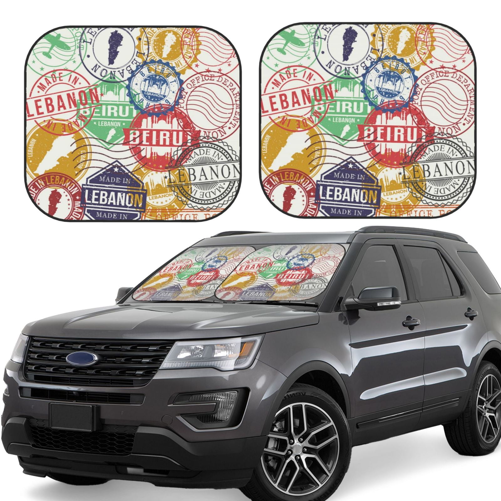 Kll Travel Stamp Windshield Sun Shade 2-Piece Foldable Car Front Window ...