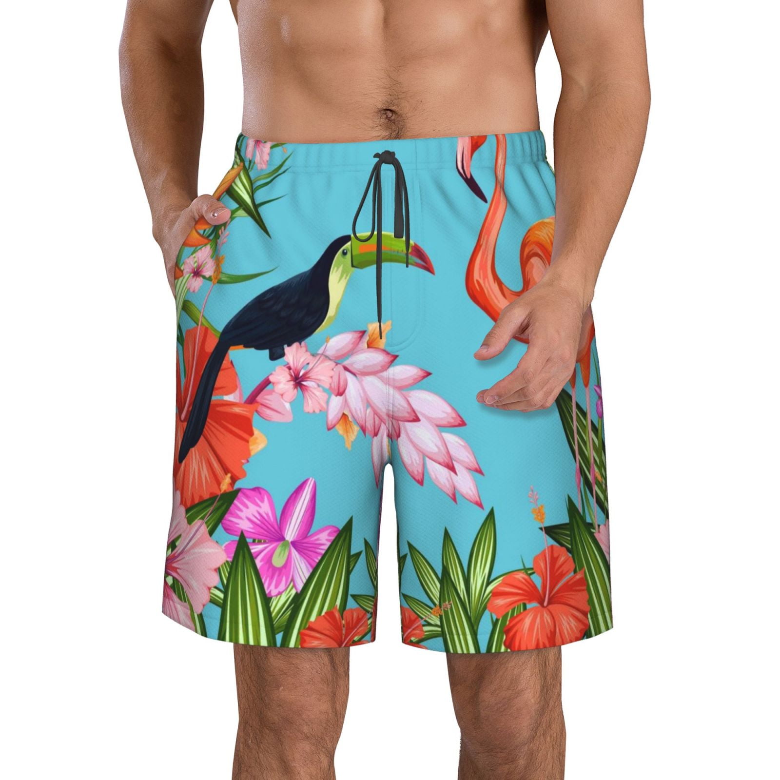 Kll Tropical Jungle Flamingo Men'S Casual Summer Beach Shorts Hawaiian ...