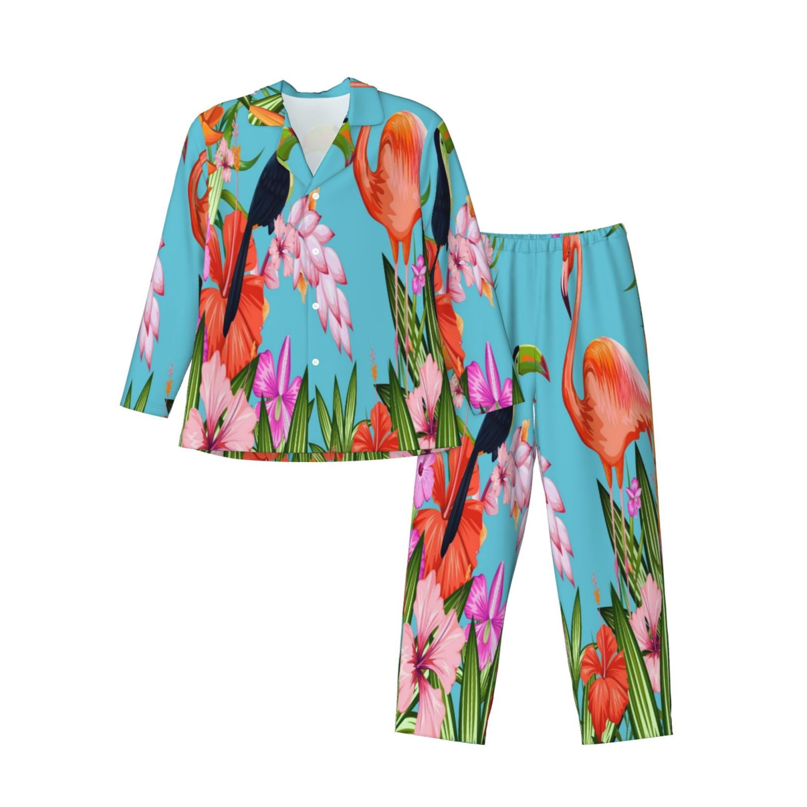 Kll Tropical Jungle Flamingo Sleepwear Mens Flannel Pajamas,Long Cotton ...