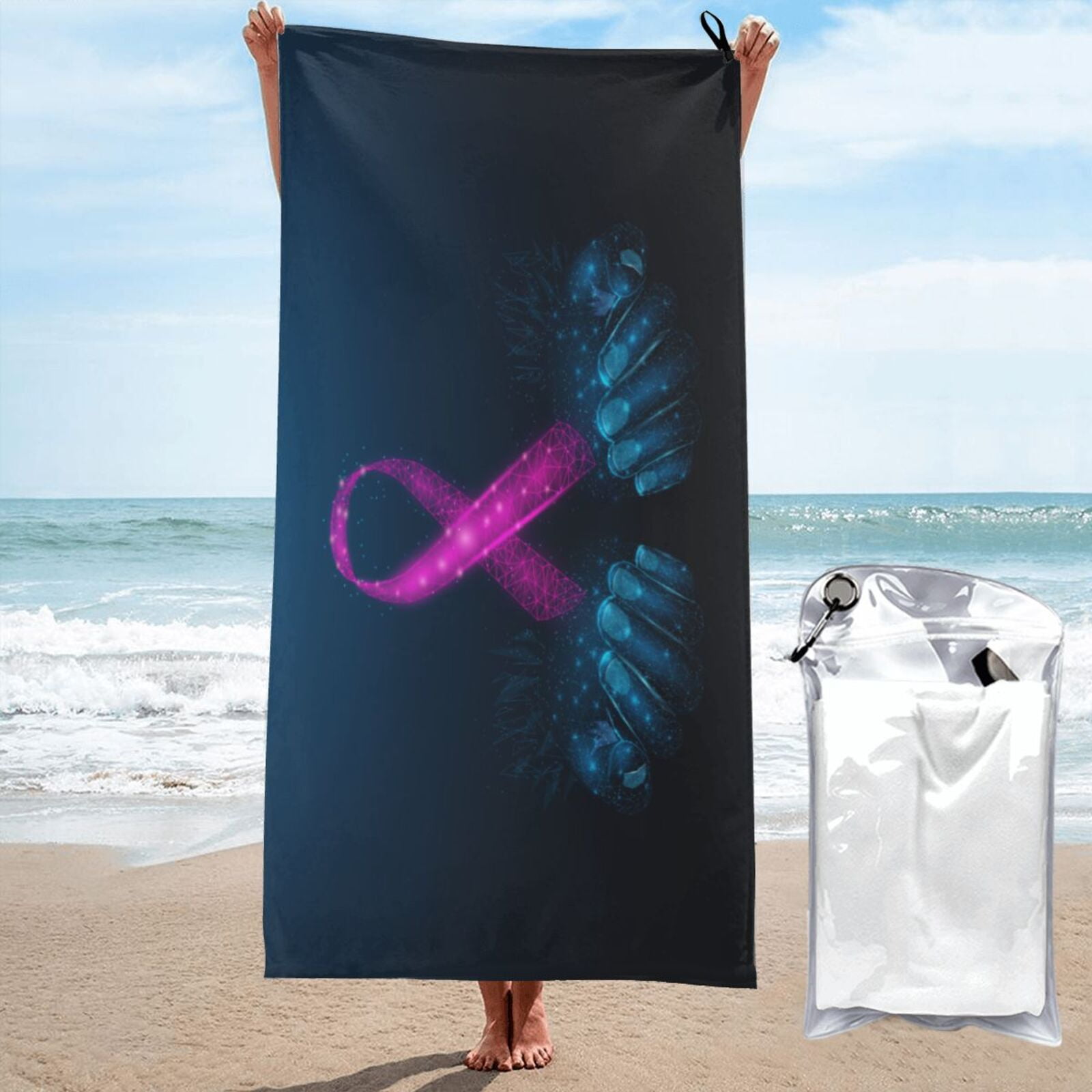 Kll Two Human Hands Are Holds Pink Ribbon Awareness Microfiber Beach ...