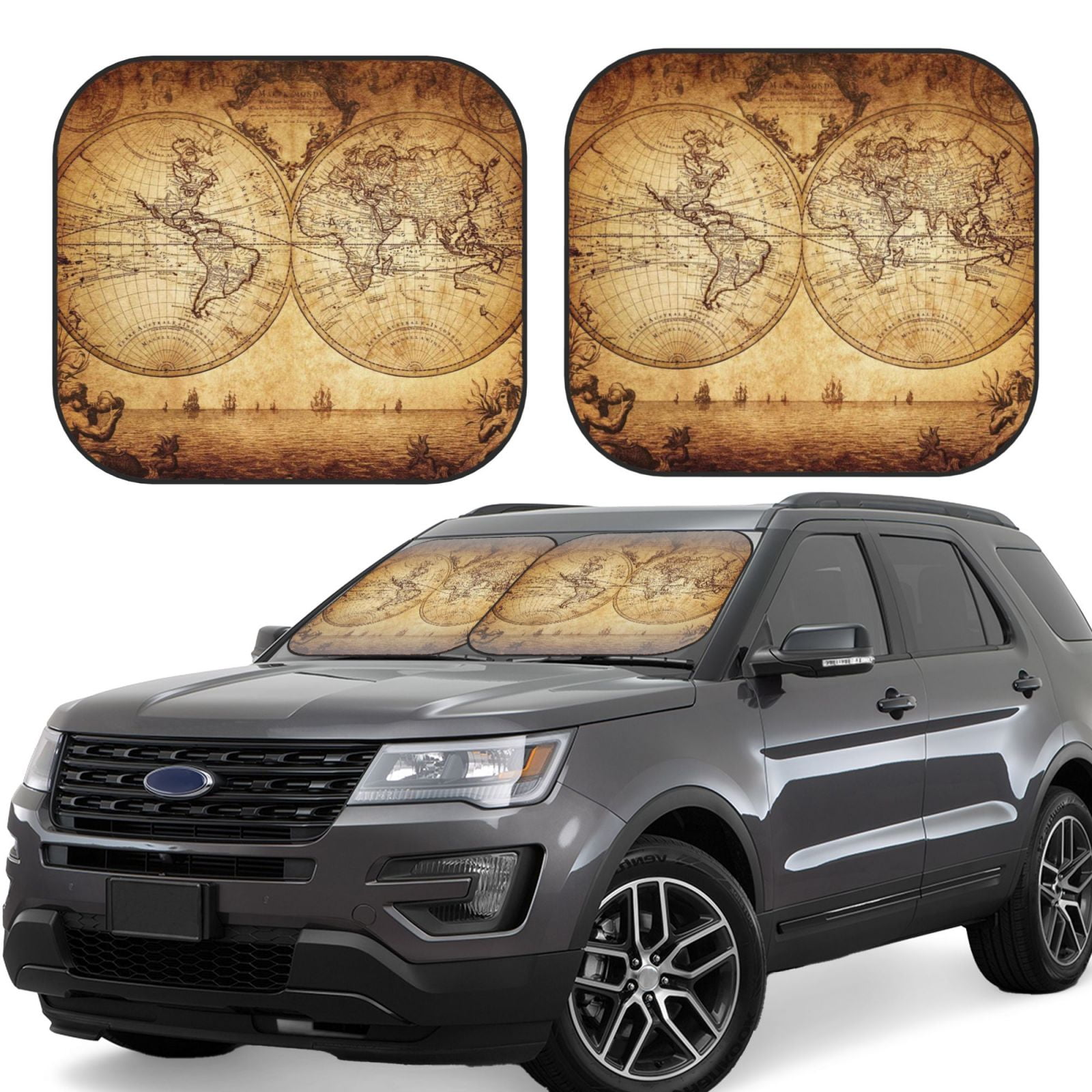Kll Vintage Map Of The World Windshield Sun Shade 2-Piece Foldable Car ...