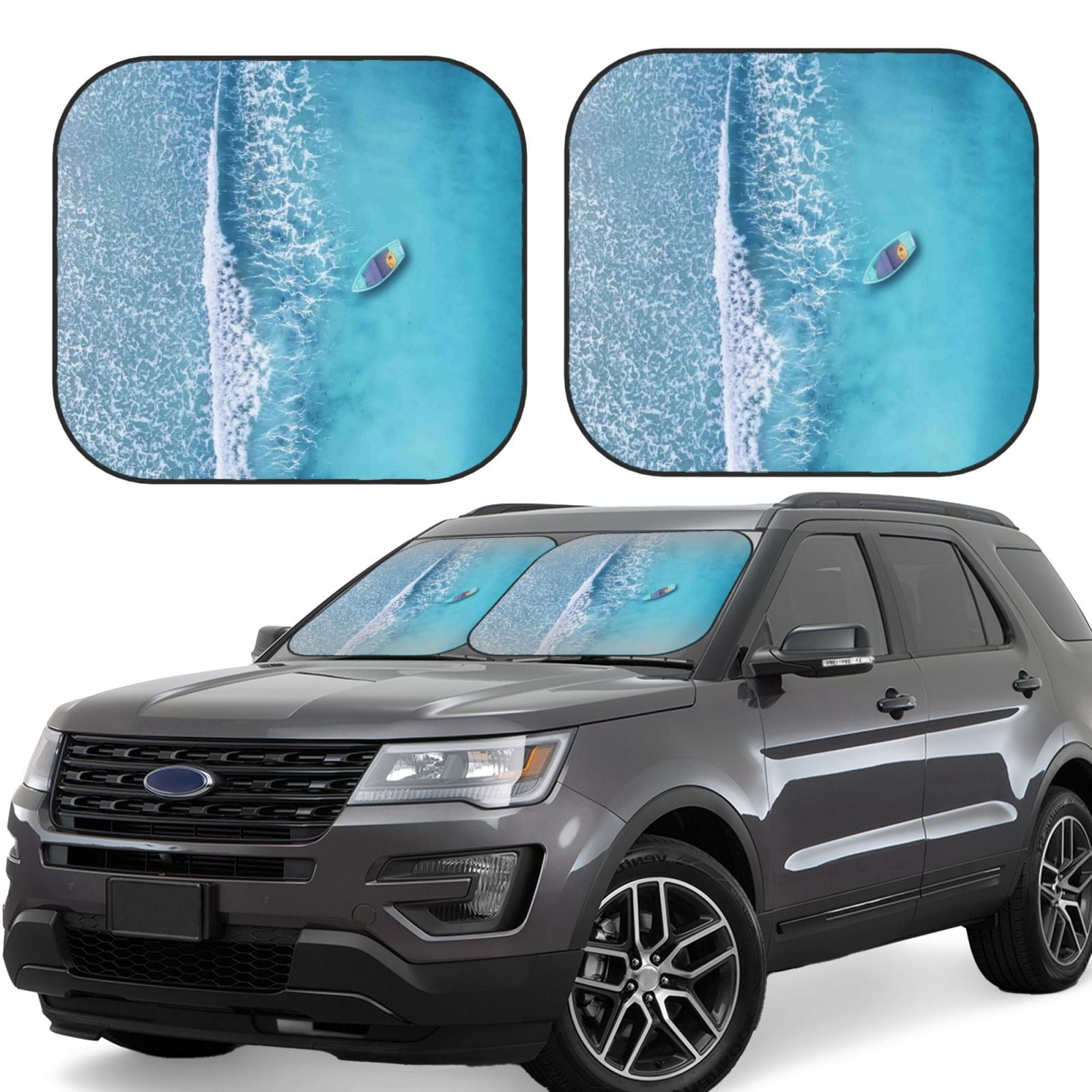 Kll Waves And Boats On The Beach Windshield Sun Shade 2-Piece Foldable ...