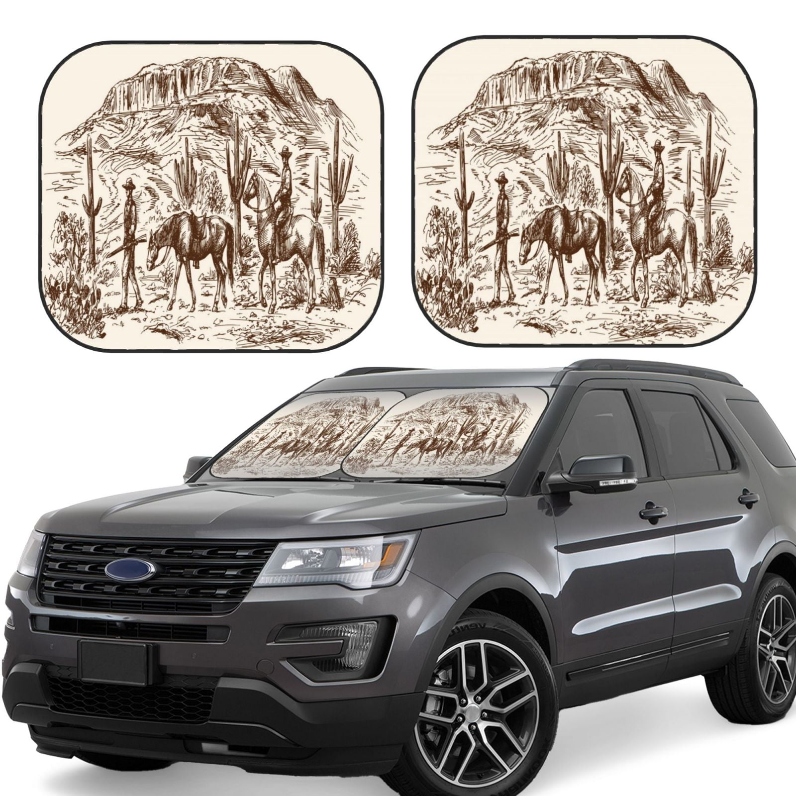Kll Western Desert Cowboys2 Windshield Sun Shade 2-Piece Foldable Car ...