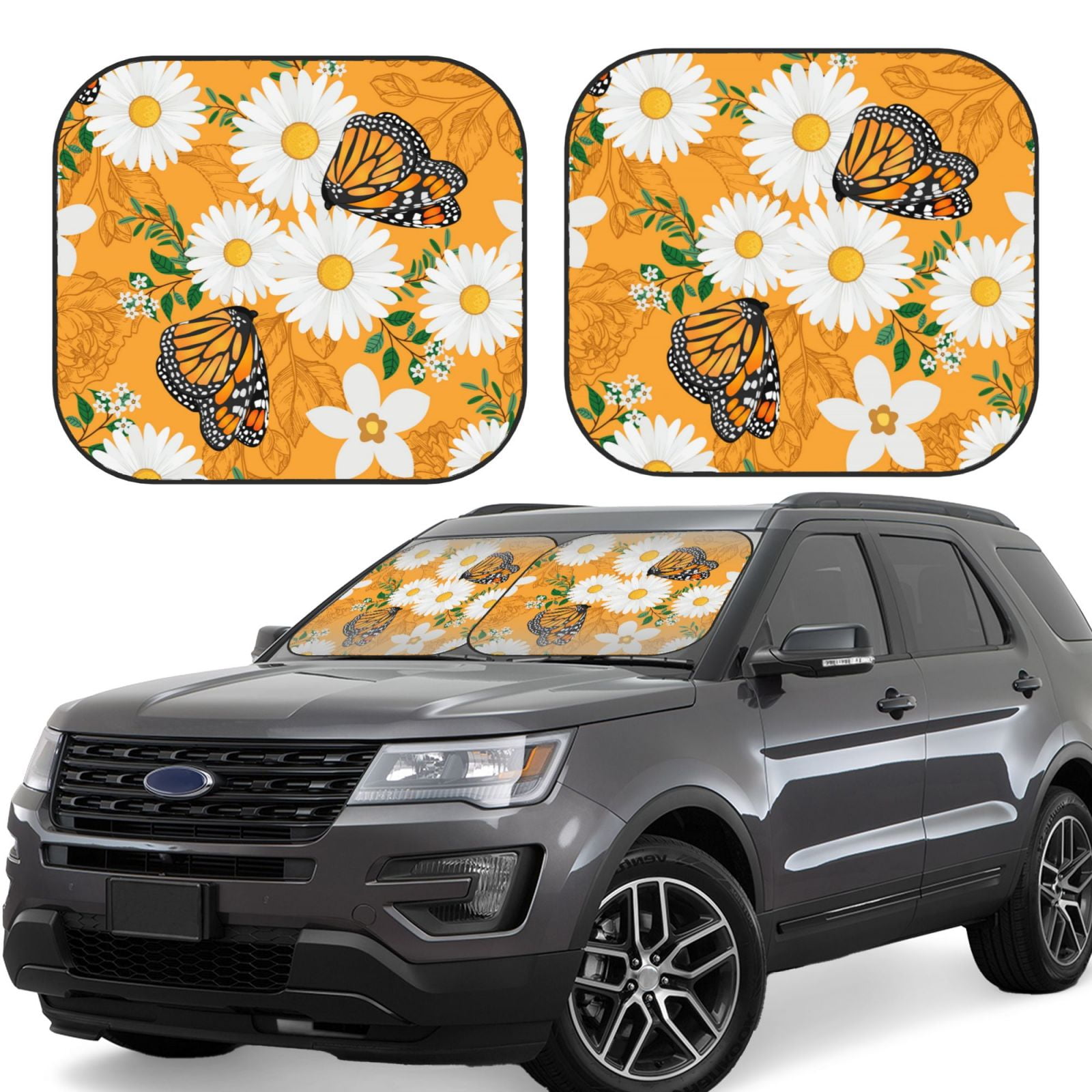 Kll White Floral And Butterflies Windshield Sun Shade 2-Piece Foldable ...