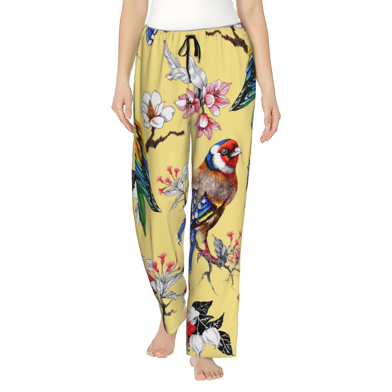 Kll Womens Beautiful Bright Birds And Flowers Print Pajama Pants Soft ...