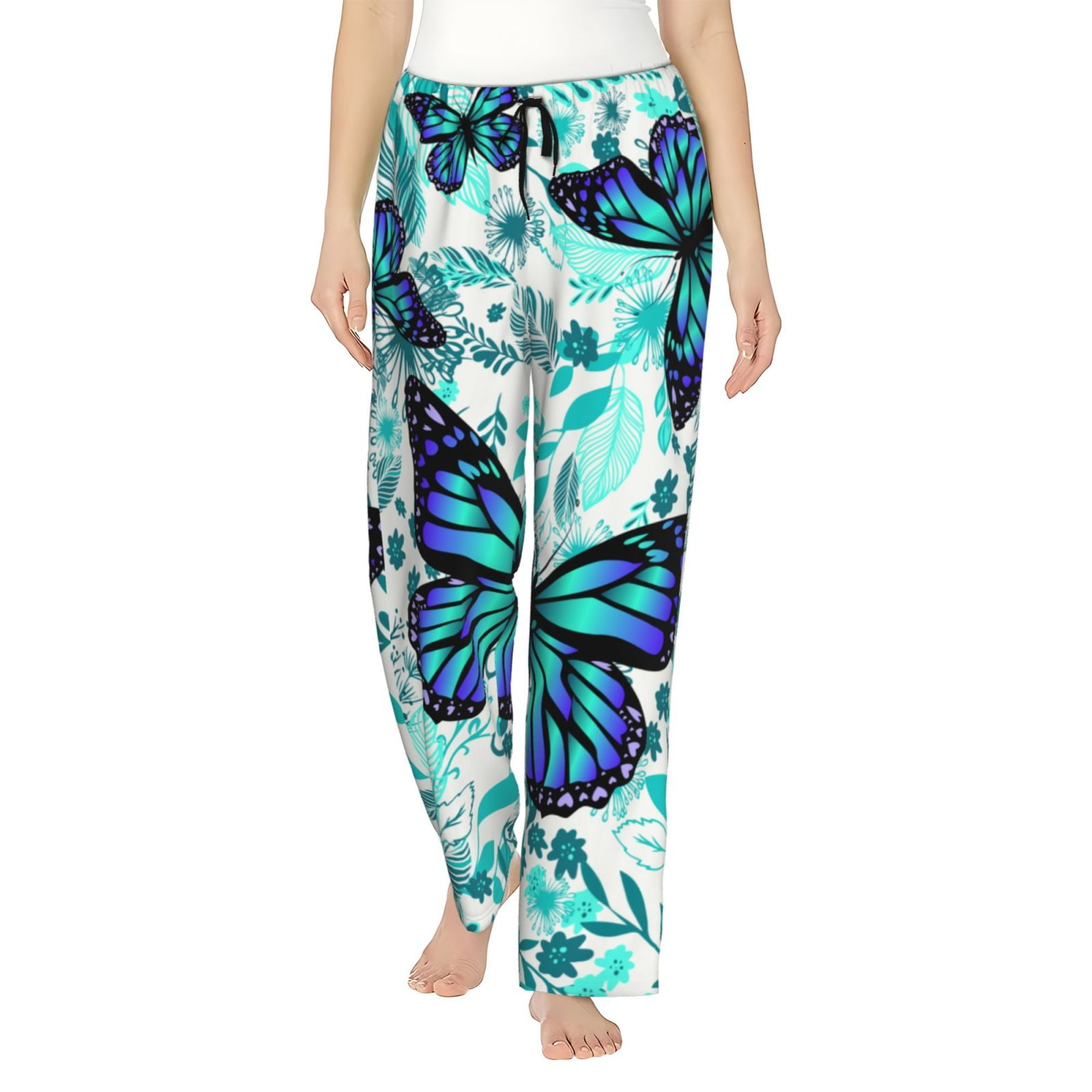 Kll Womens Blue Floral With Butterflies Print Pajama Pants Soft Pajama ...