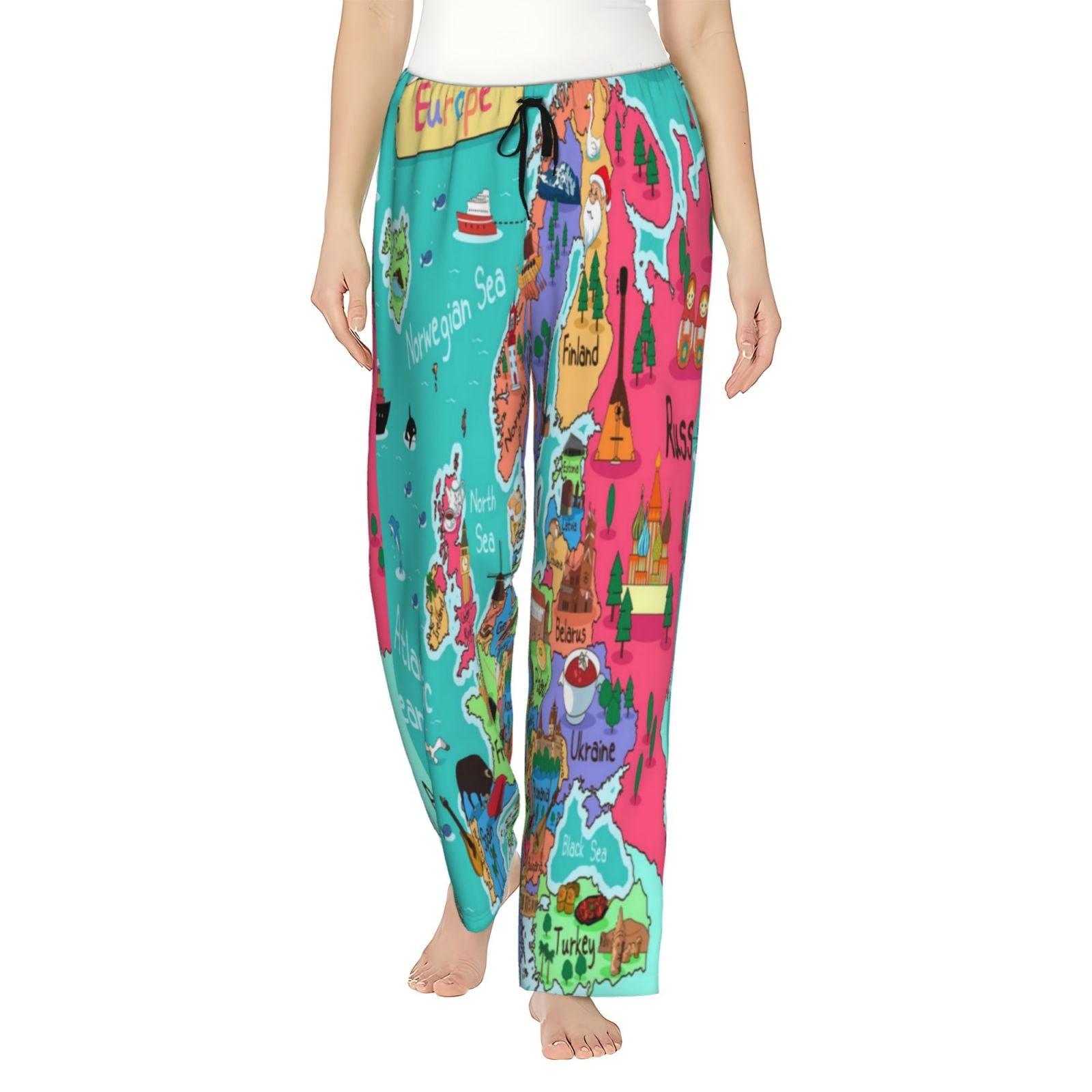 Kll Womens Cartoon Map Of Europe Print Pajama Pants Soft Pajama Bottoms ...