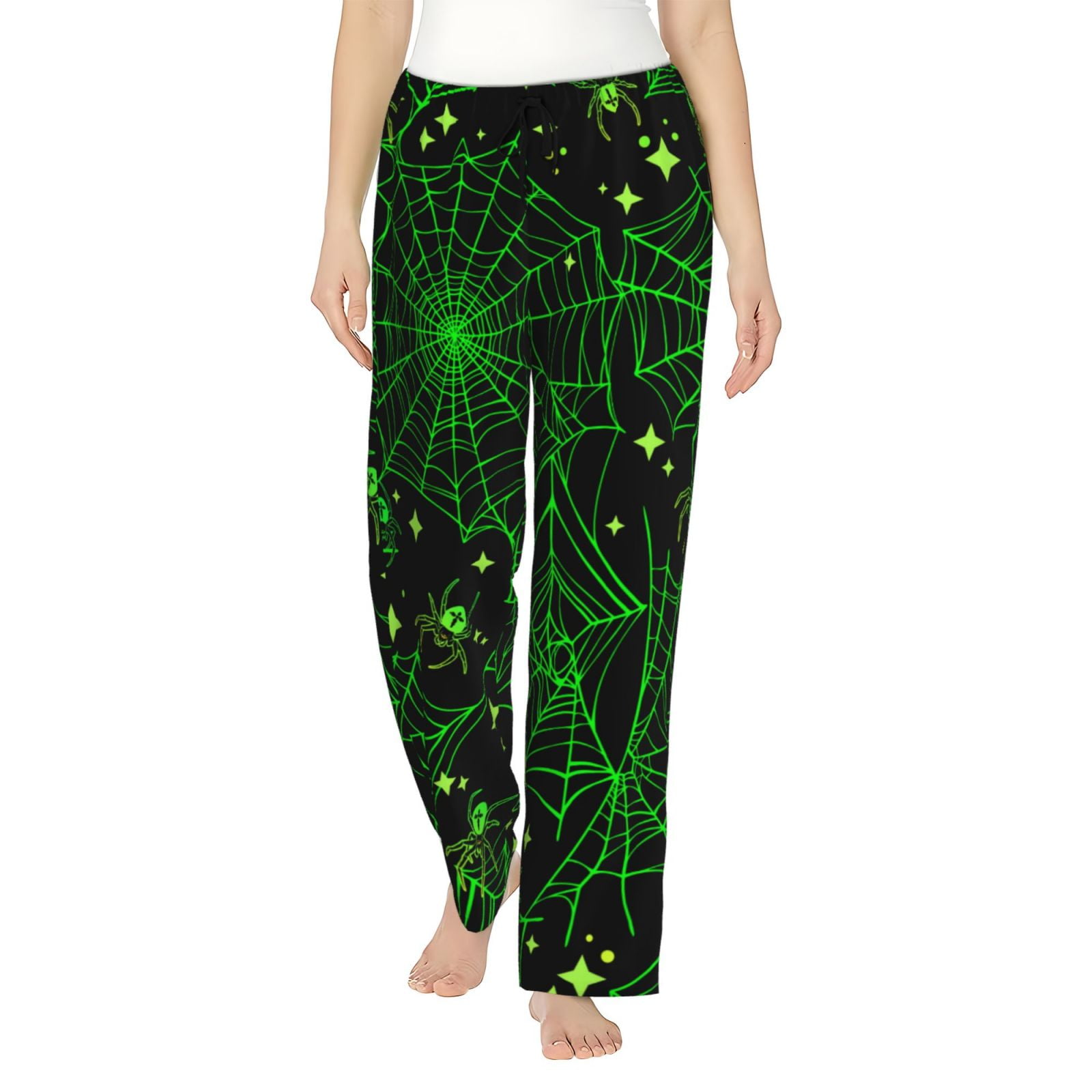 Kll Womens Green Bright Web With Spiders Print Pajama Pants Soft Pajama ...