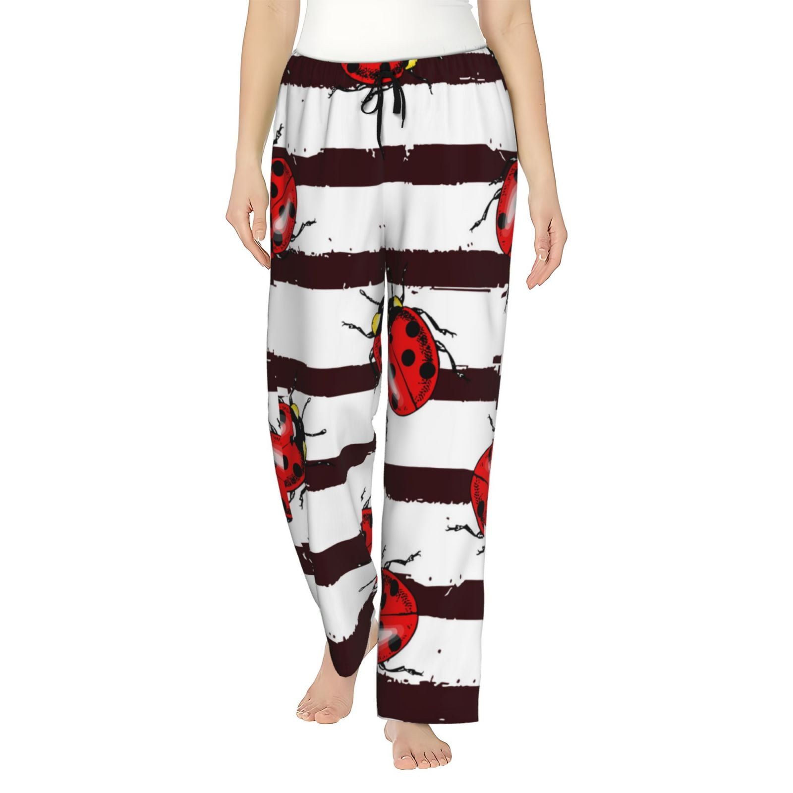 Kll Womens Ladybugs On Black And White Striped1 Print Pajama Pants Soft ...