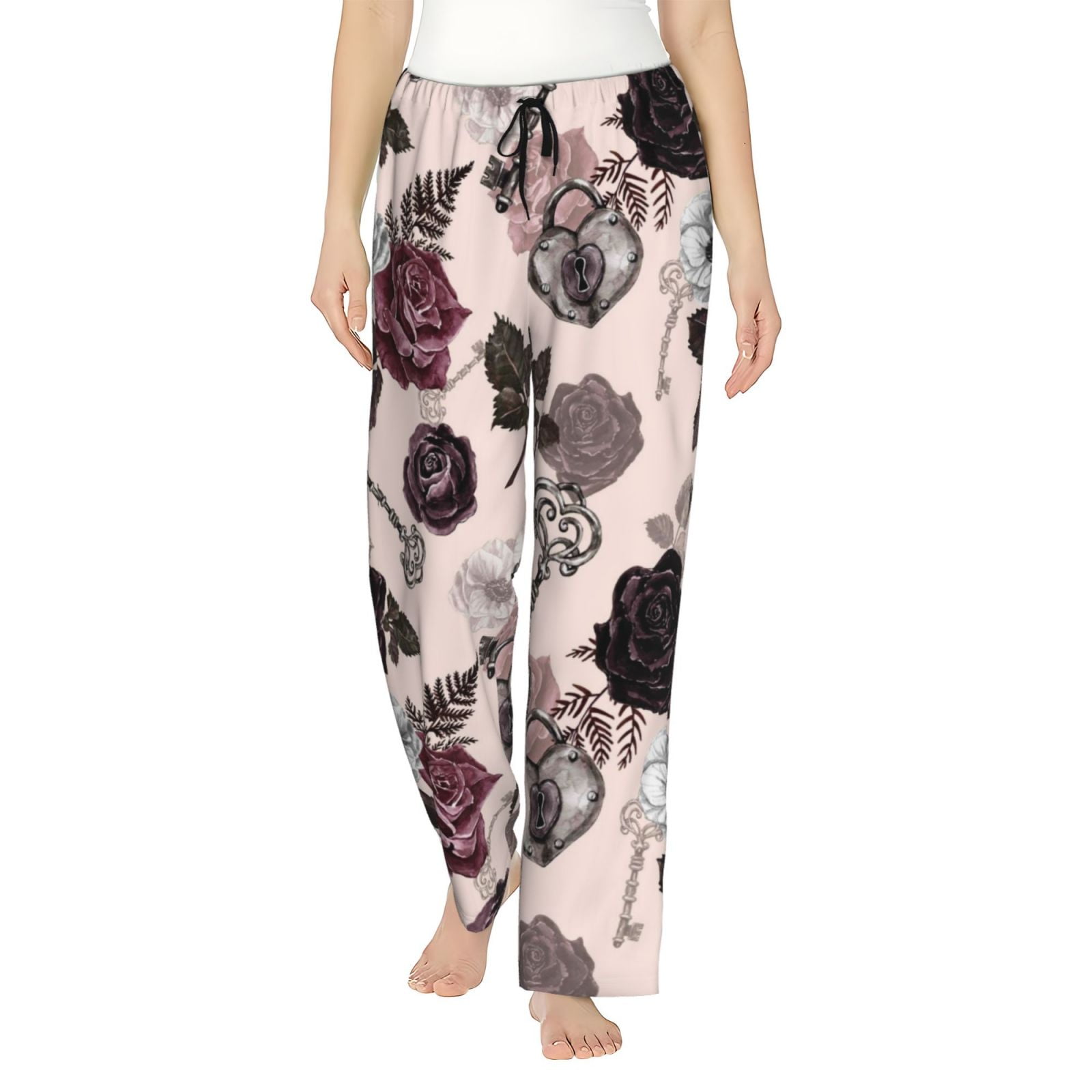 Kll Womens Retro Red Black Roses Print Pajama Pants Soft Pajama Bottoms ...