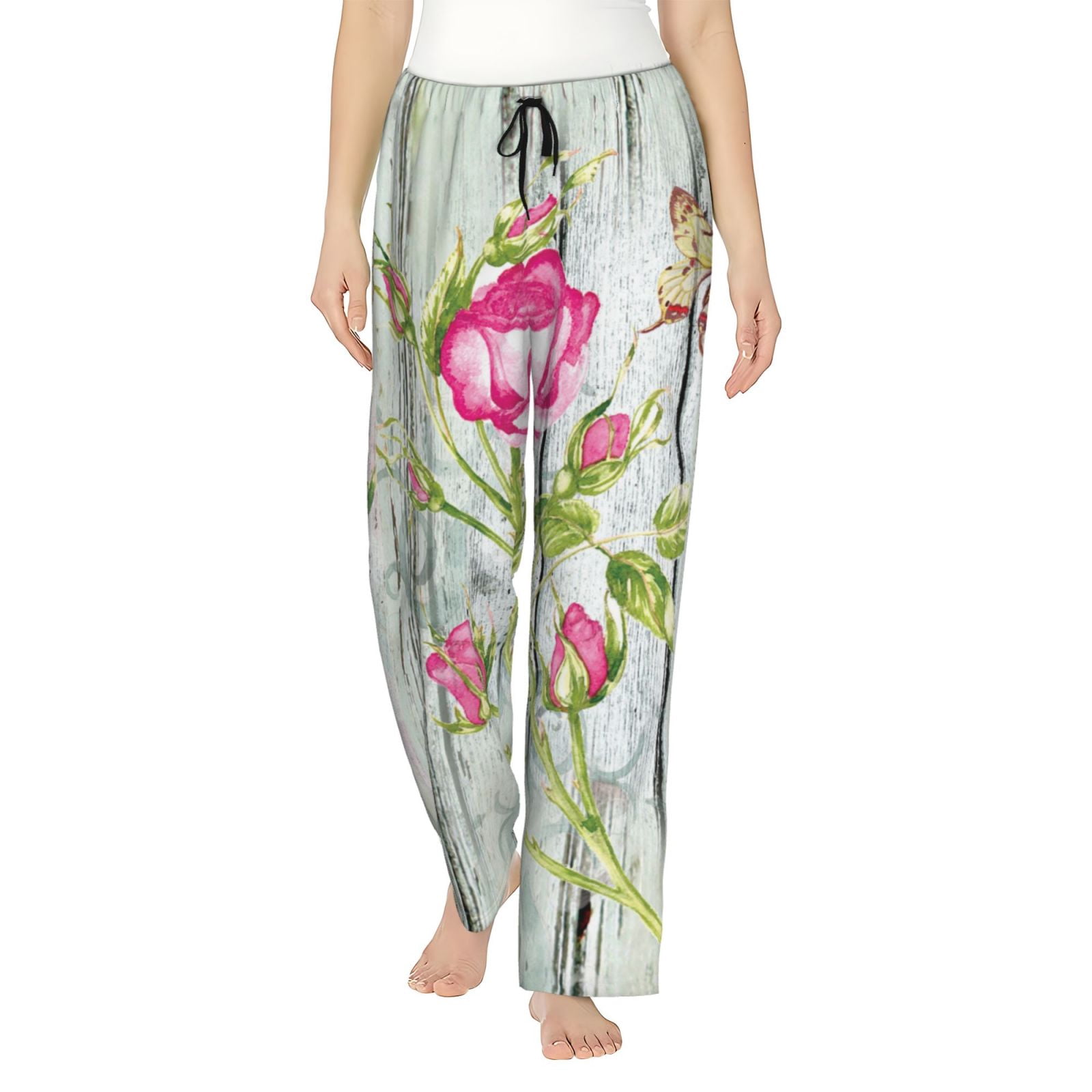 Kll Womens Vintage Wood Background With Floral Print Pajama Pants Soft ...