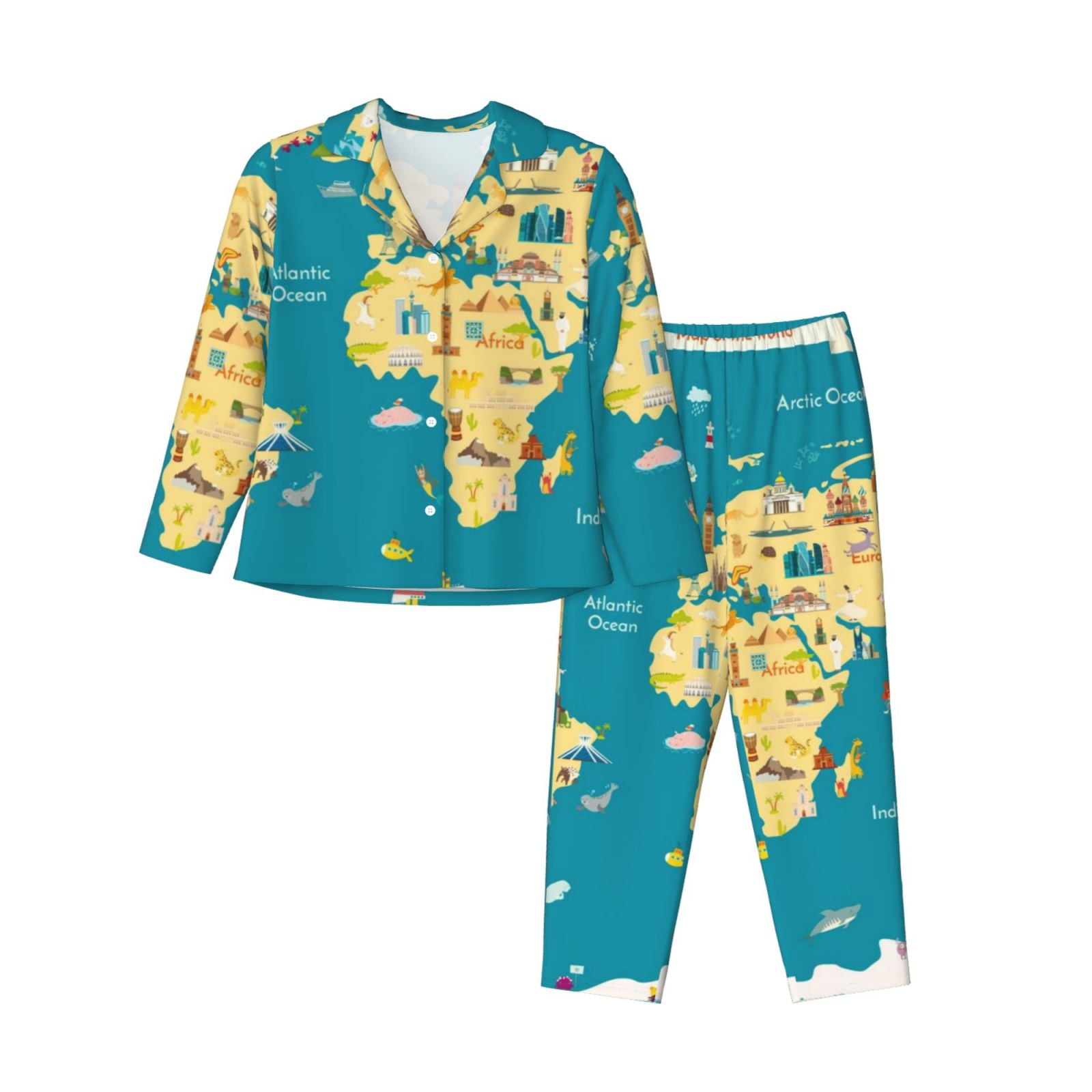 Kll World Map With Landmarks Print Women'S Long Sleeve Pajamas With ...