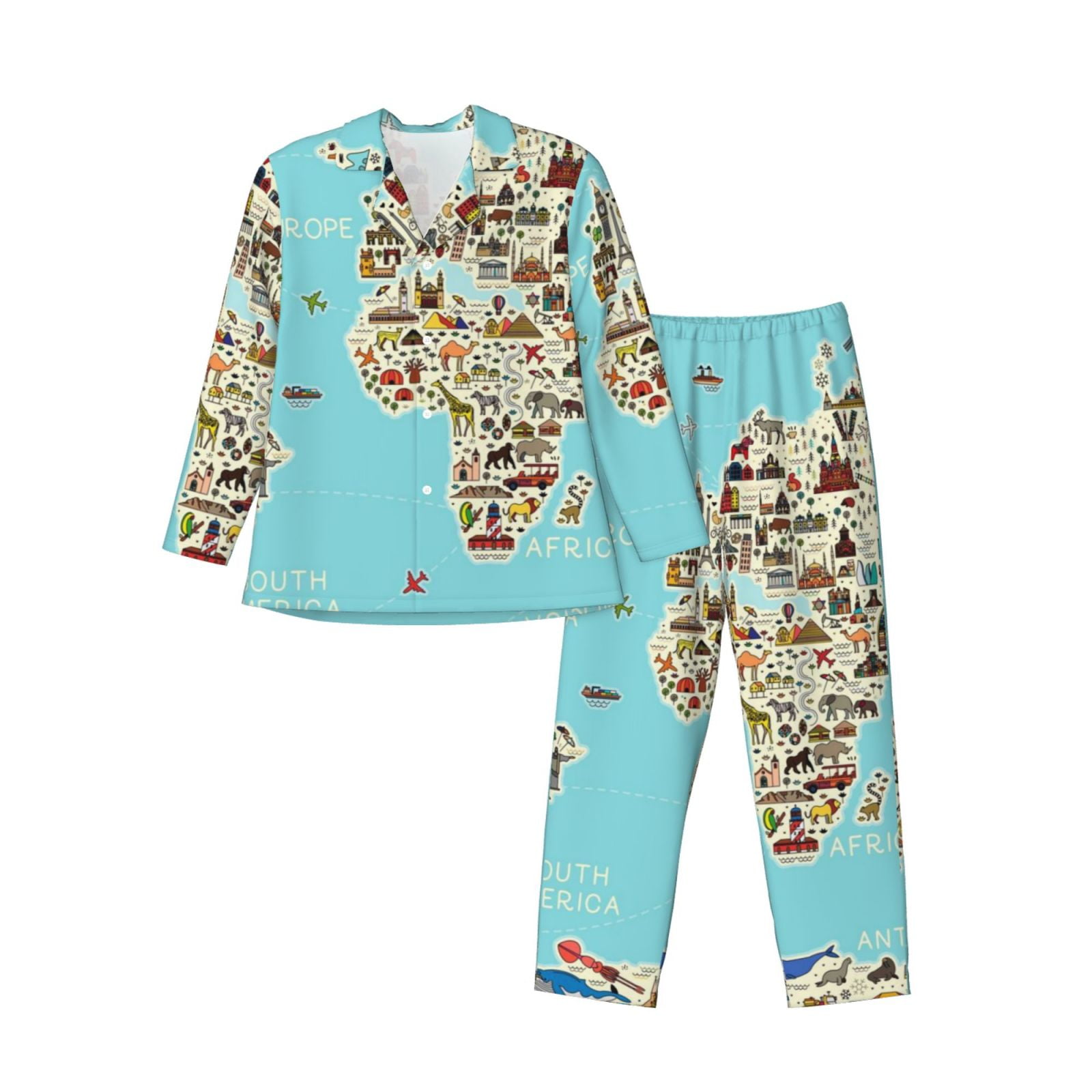 Kll World Travel Line Icons Map Sleepwear Mens Flannel Pajamas,Long ...