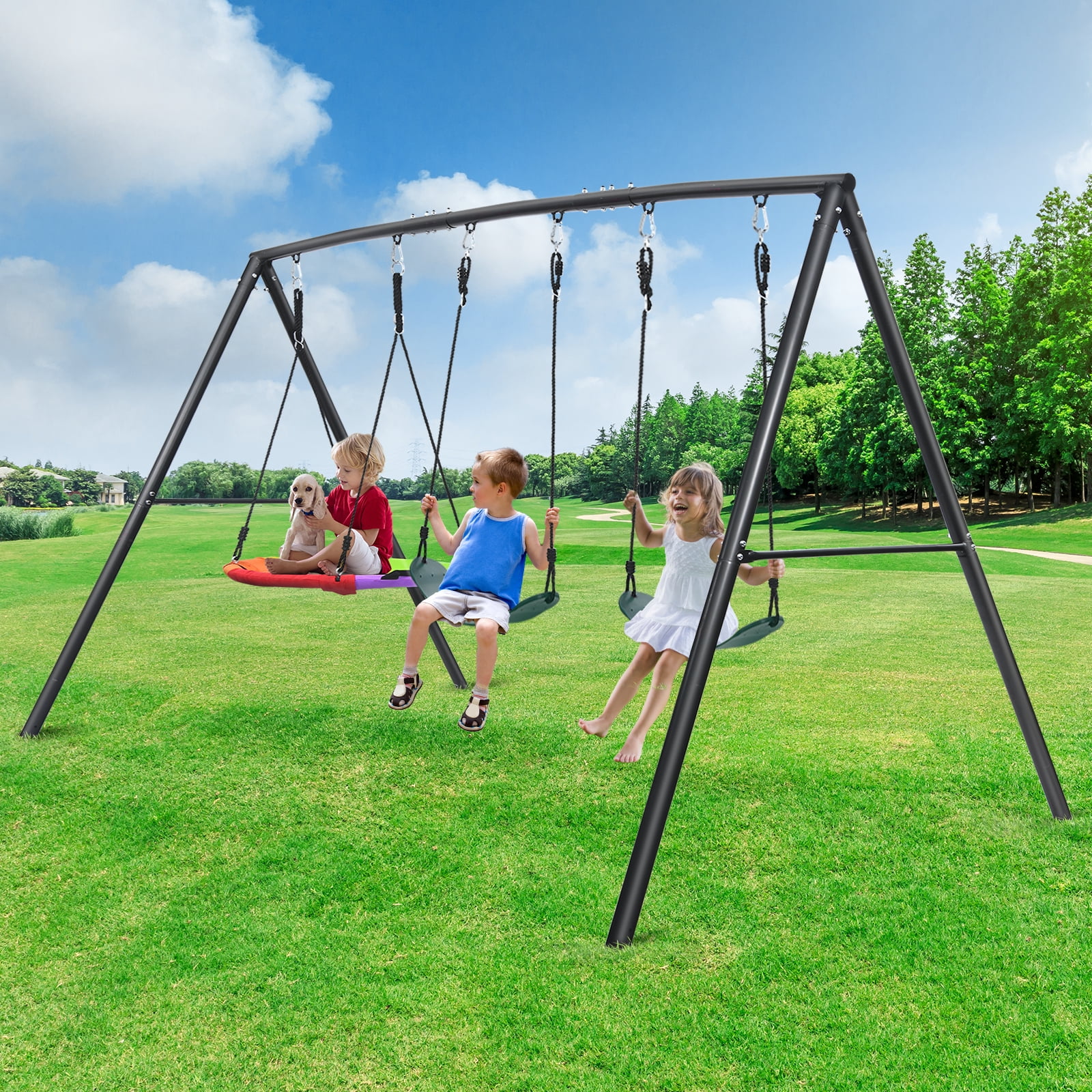 KloKick 500lb Heavy Duty Swing Set for Backyard – Saucer Swing & 2 Belt ...