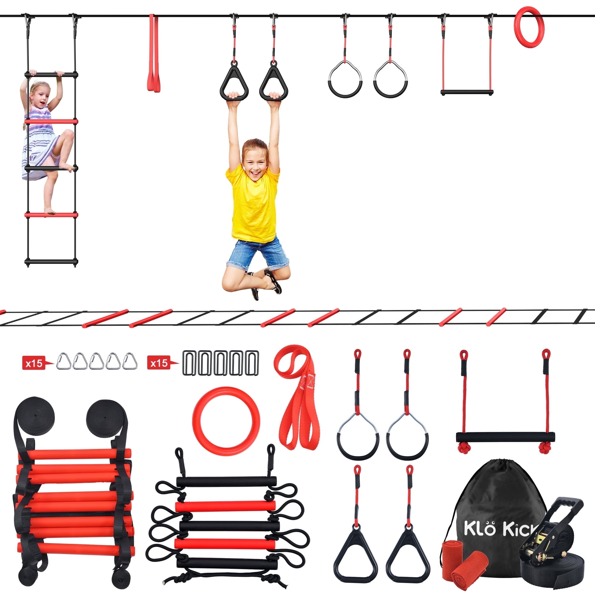 KloKick 50Ft Ninja Warrior Obstacle Course – Monkey Bars, Rope Ladder ...
