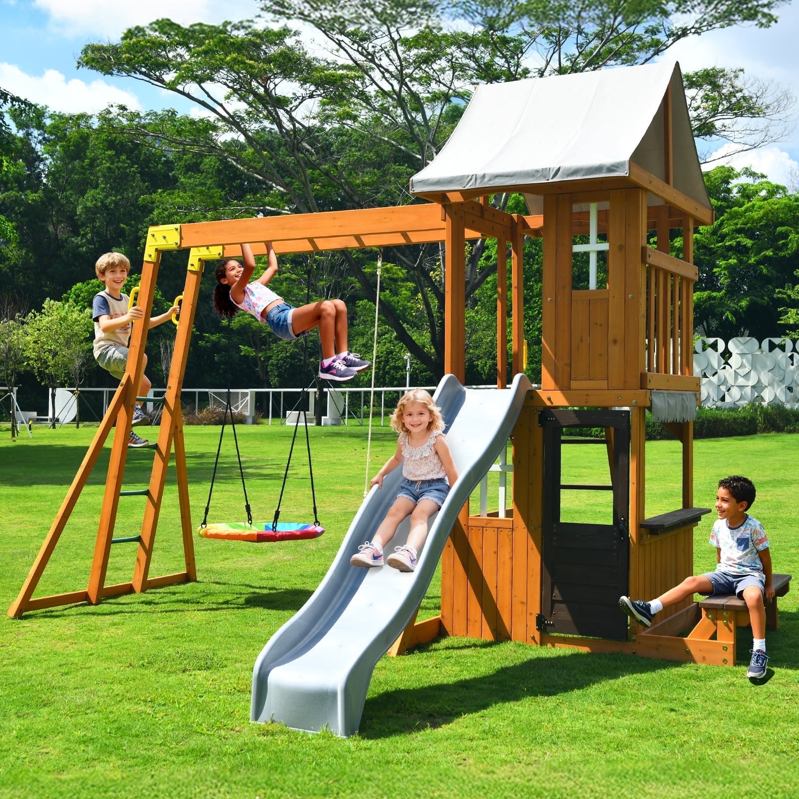 KloKick Cedar Wooden Swing Set with 8' Wave Slide, Metal Monkey Bar ...