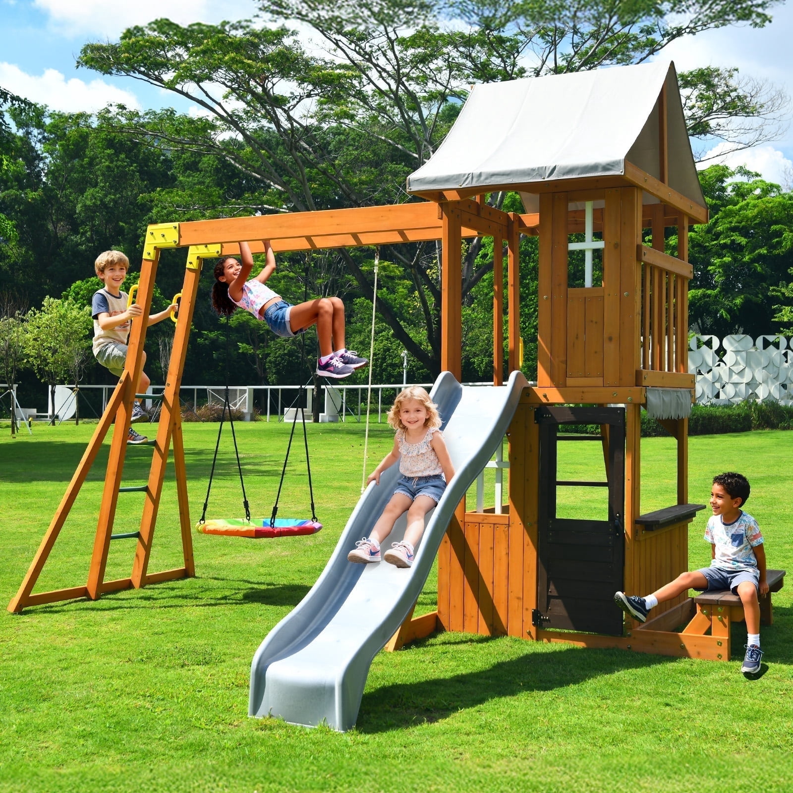 KloKick Cedar Wooden Swing Set with 8' Wave Slide, Metal Monkey Bar ...