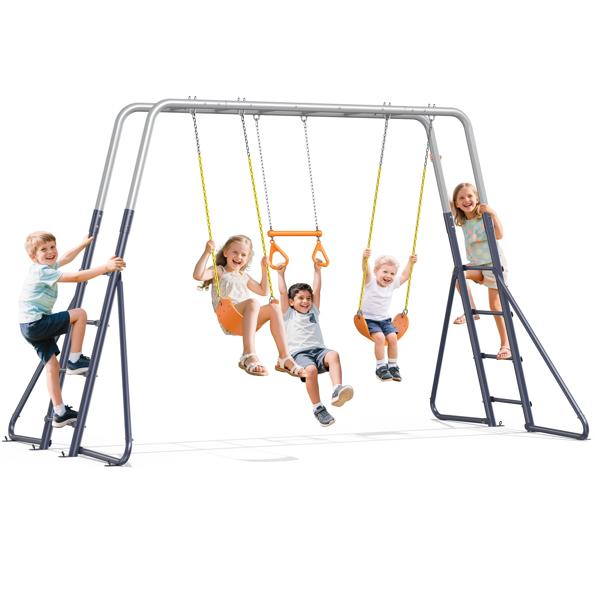 KloKick Metal Outdoor Swing Set With 2 Belt Swings, Trapeze Bars, And ...