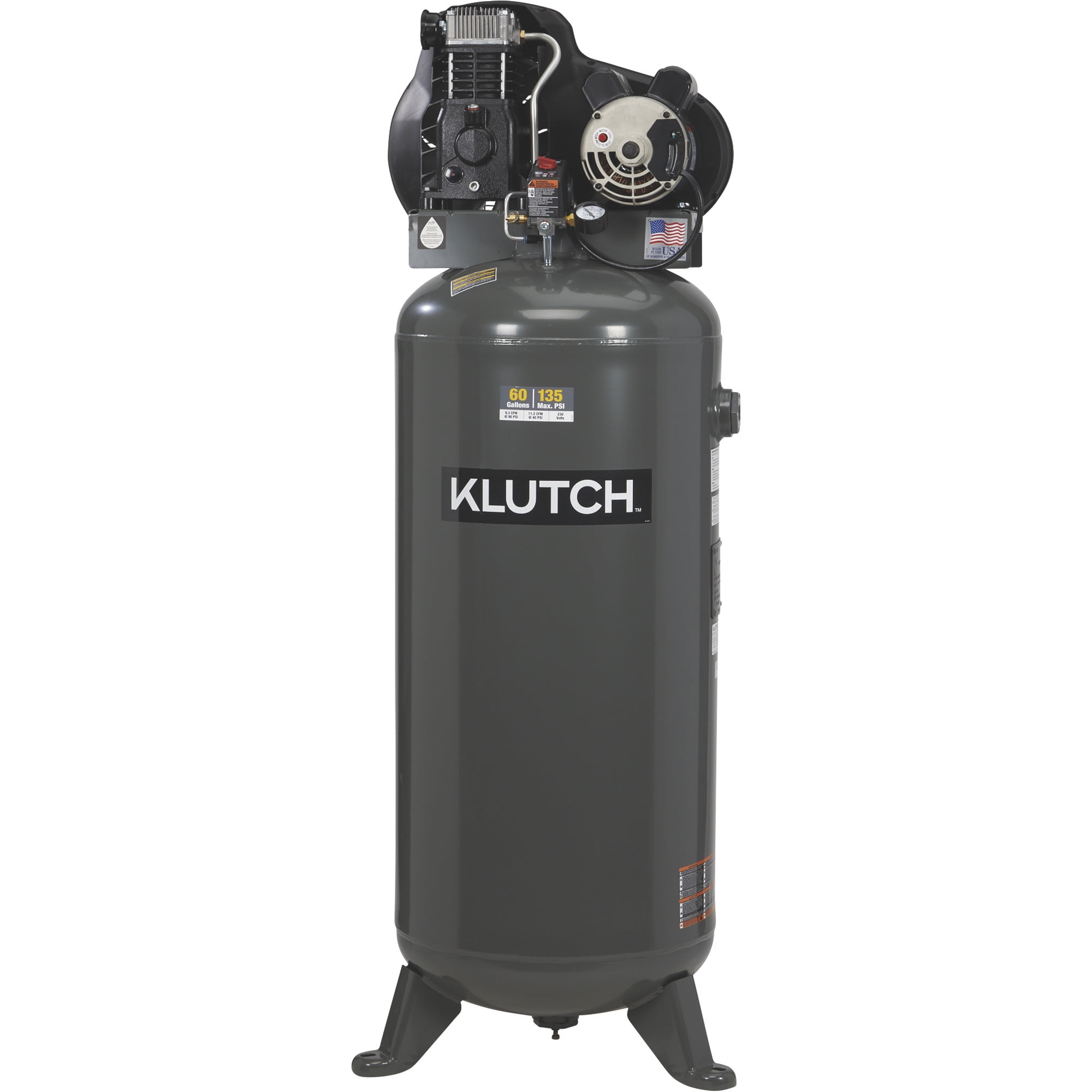 Klutch 60-Gallon Single Stage Vertical Air Compressor, 3.7 HP, 230 ...