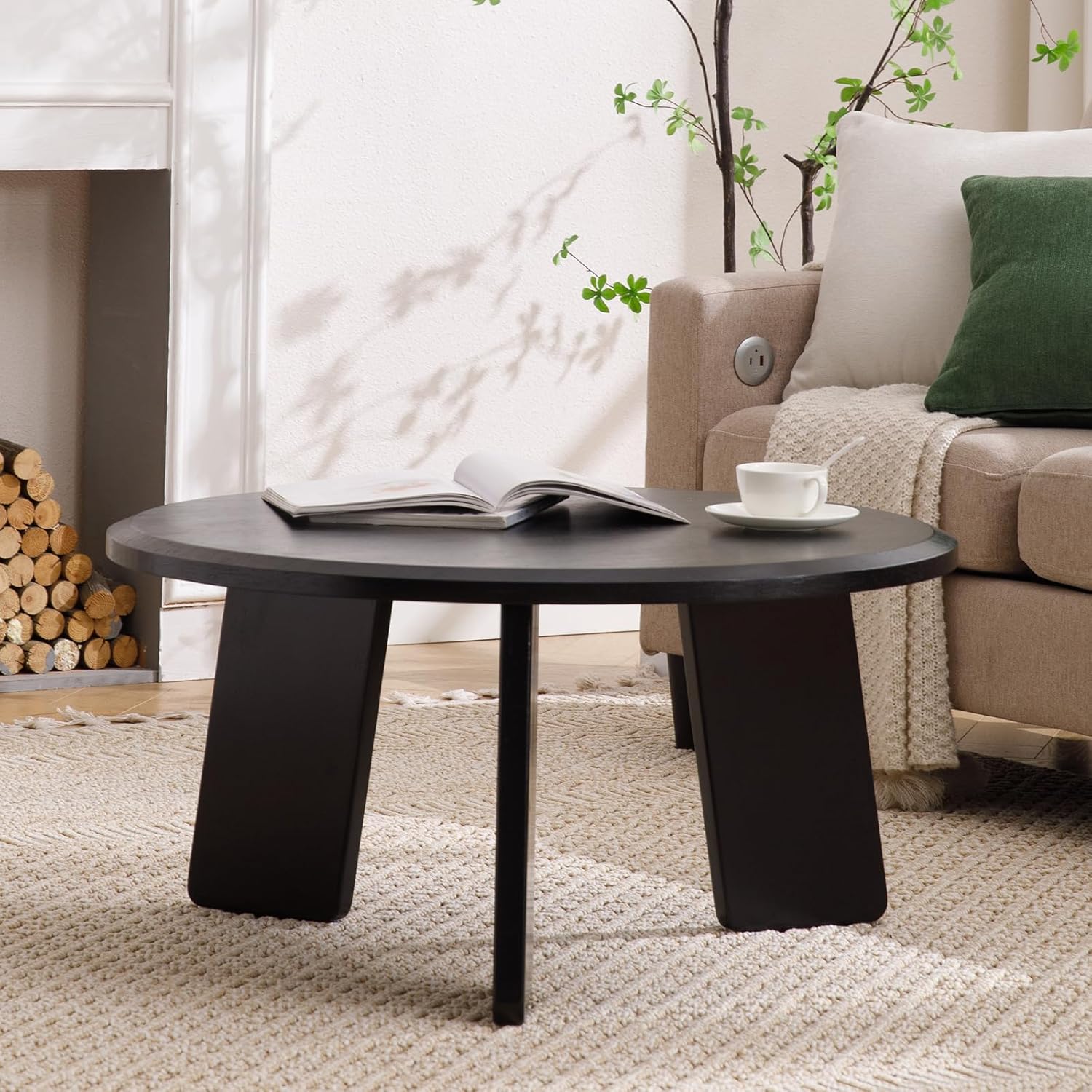 Kmax 31.5" Black Round Coffee Table Farmhouse Wood End Table Side Table ...