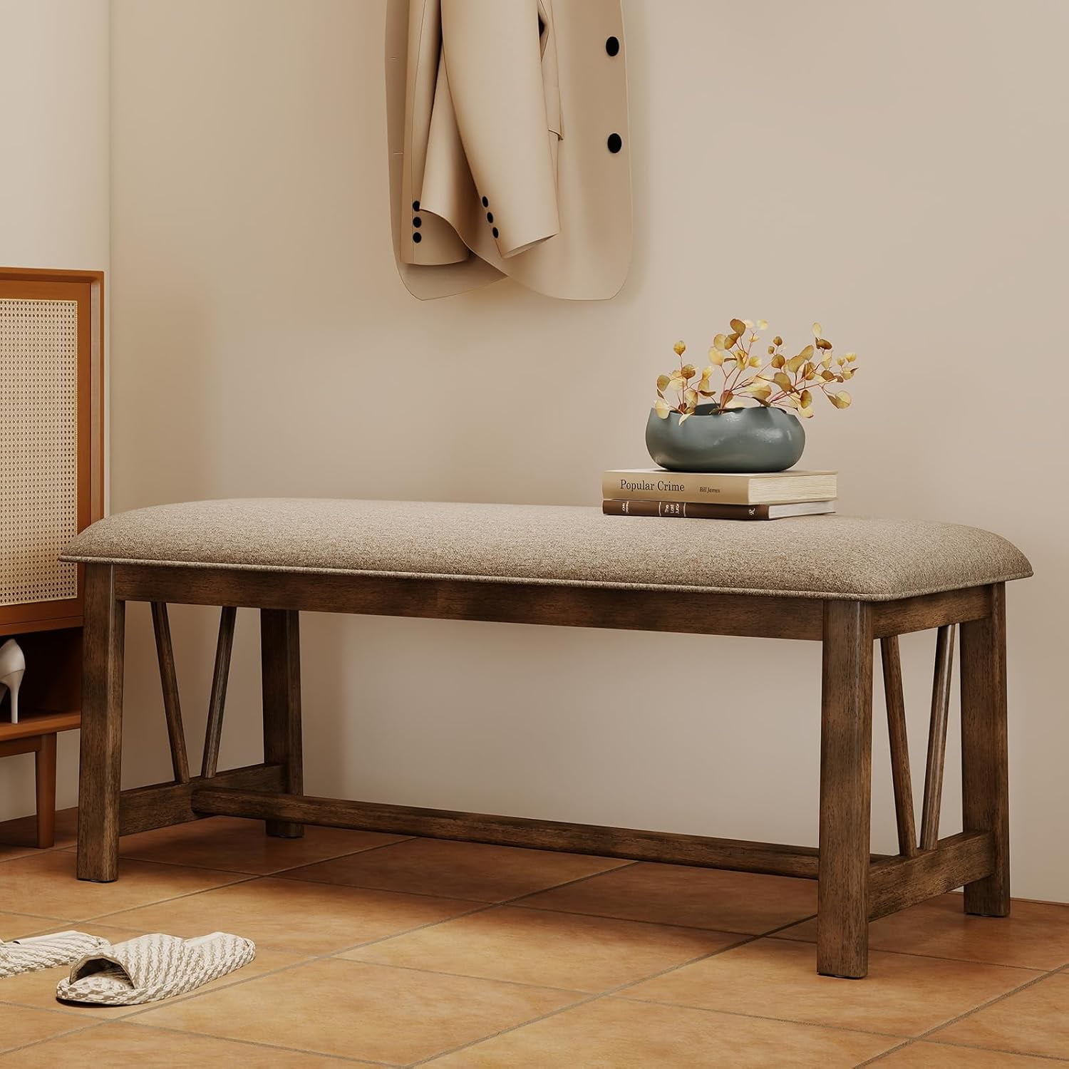 Kmax Entryway Bench, Upholstered Dining Bench with Solid Wood Legs ...
